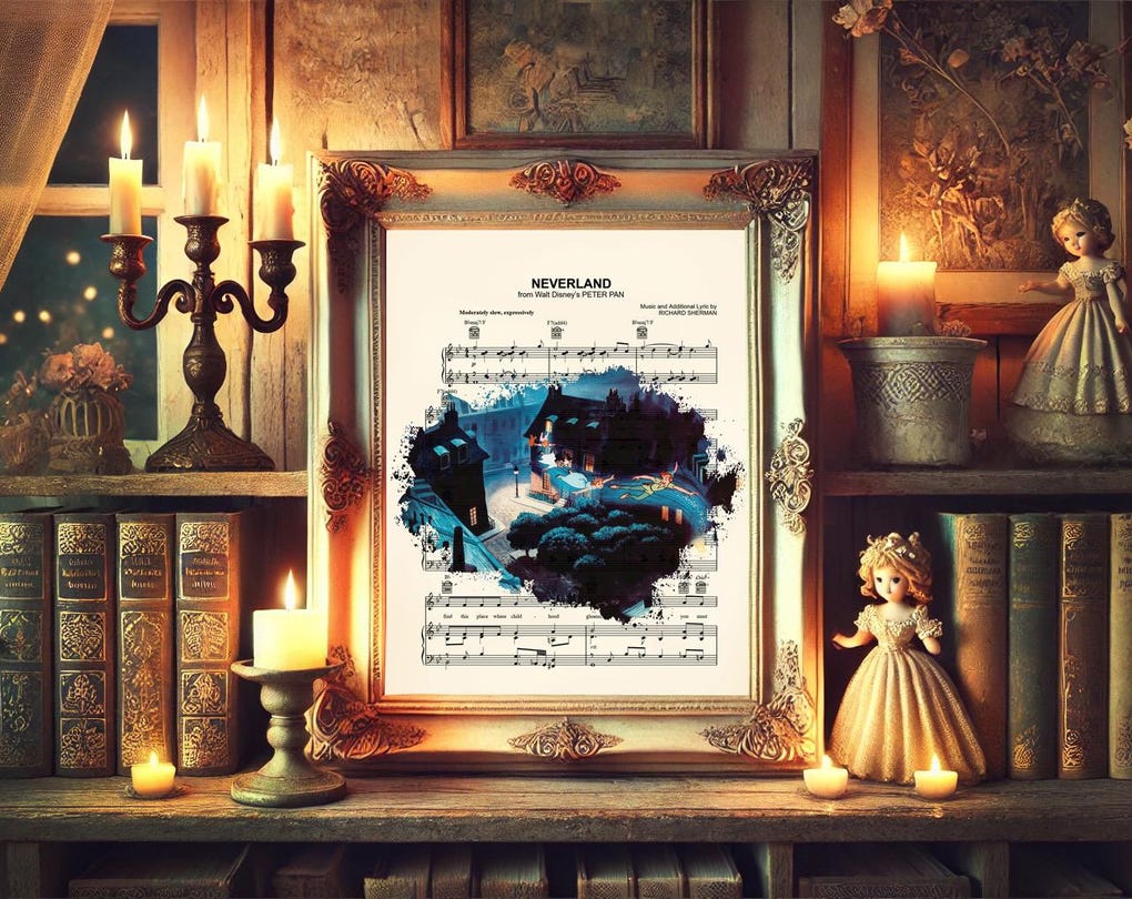 Peter Pan Flight Over London Neverland Sheet Music Art Print ,Decor For ...