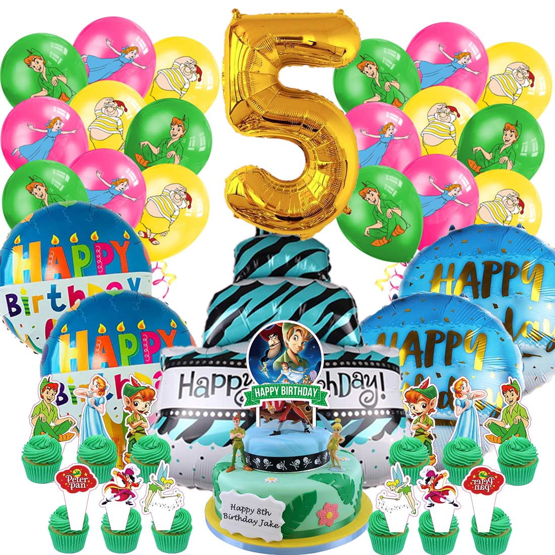 Peter Pan Party Supplies 5th Decor Kit Balloons Birthday Cake Topper ...