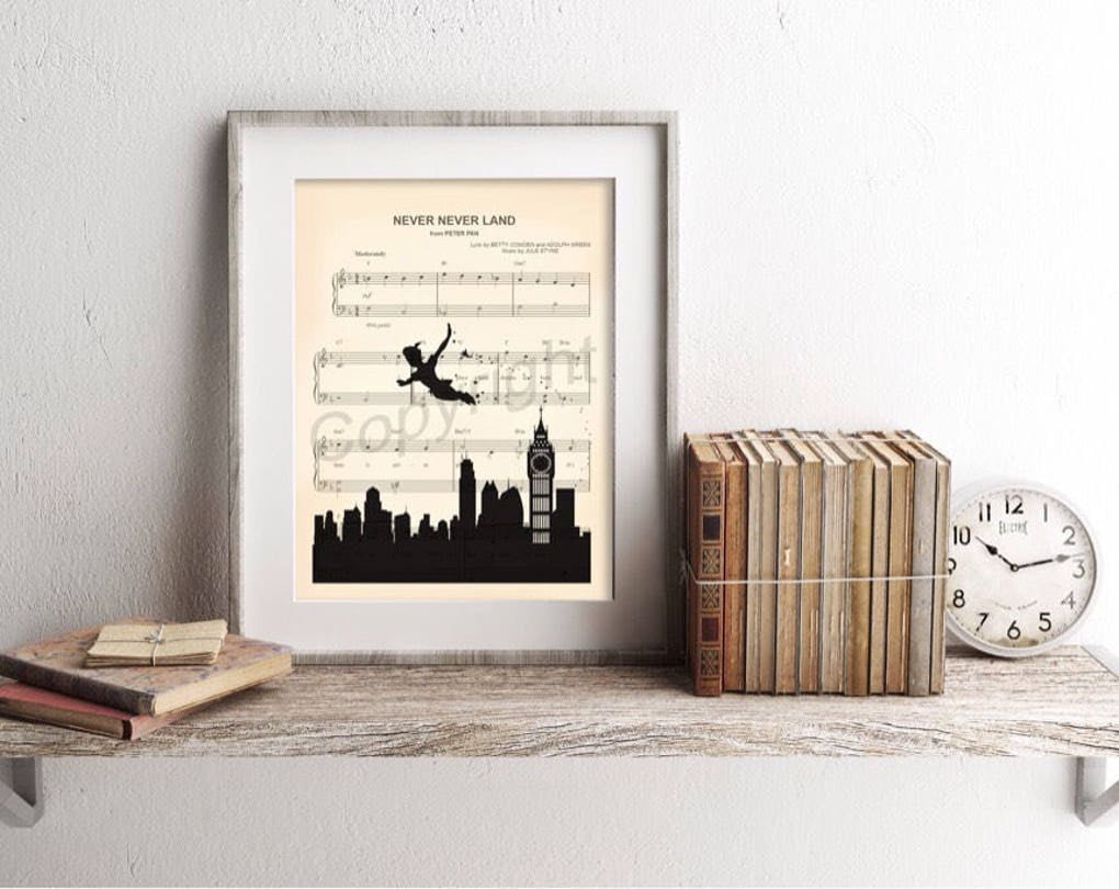 Peter Pan Silhouette Neverland Sheet Music Art Print ,Decor For Living ...
