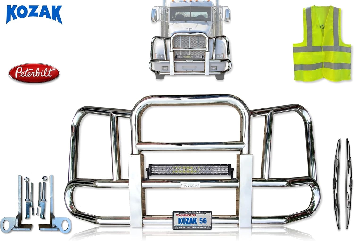 Peterbilt 386 Front Grille Deer Bumper Guard Large Square Chrome (Kozak ...