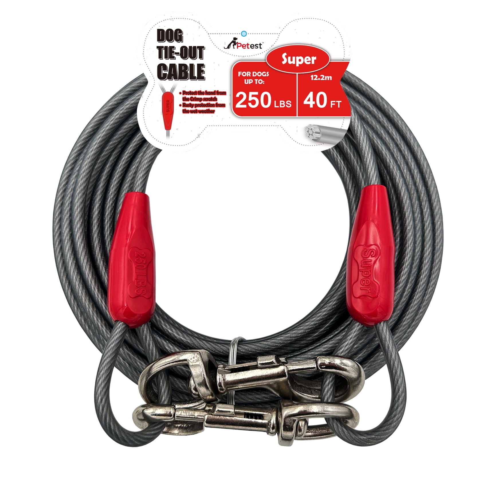Petest 40ft Tie-Out Cable with Crimp Cover for Super Dogs Up to 250 ...