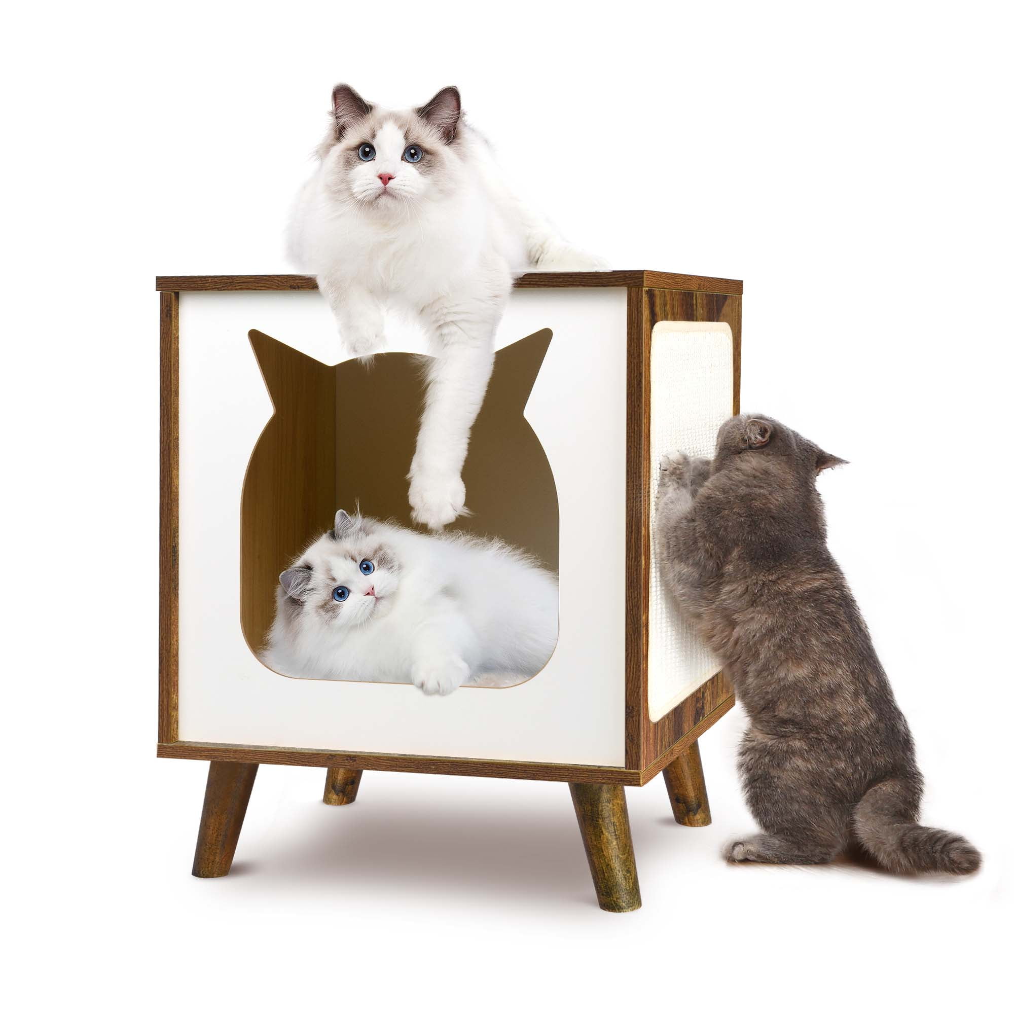 Petfamily TV Cat Condo, Cat House with Scratching Pad, Brown, 15.75x15 ...