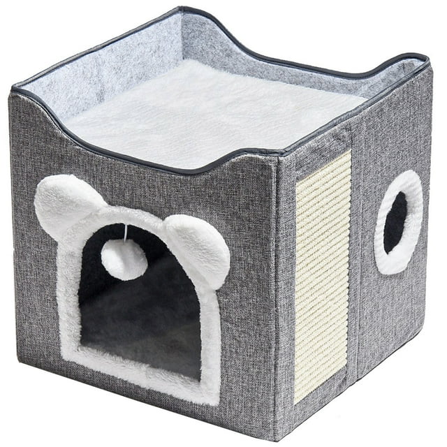 Petimi 2-in-1 Cat House with Scratch Board, Dangling Toy, 15.4x15.4x15 ...