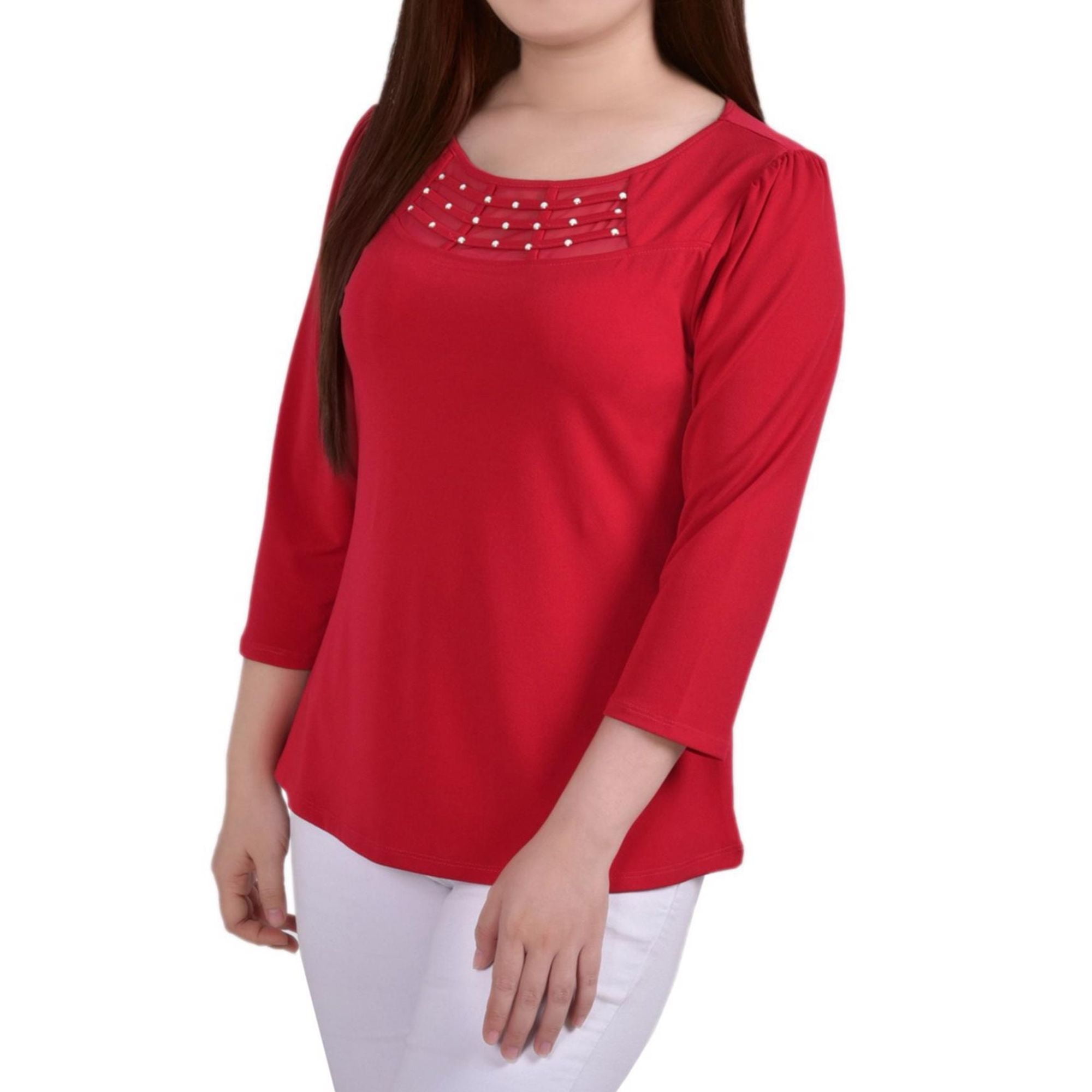 NY Collection Womens Studded Strips Pullover Blouse, Red, Petite, PL ...