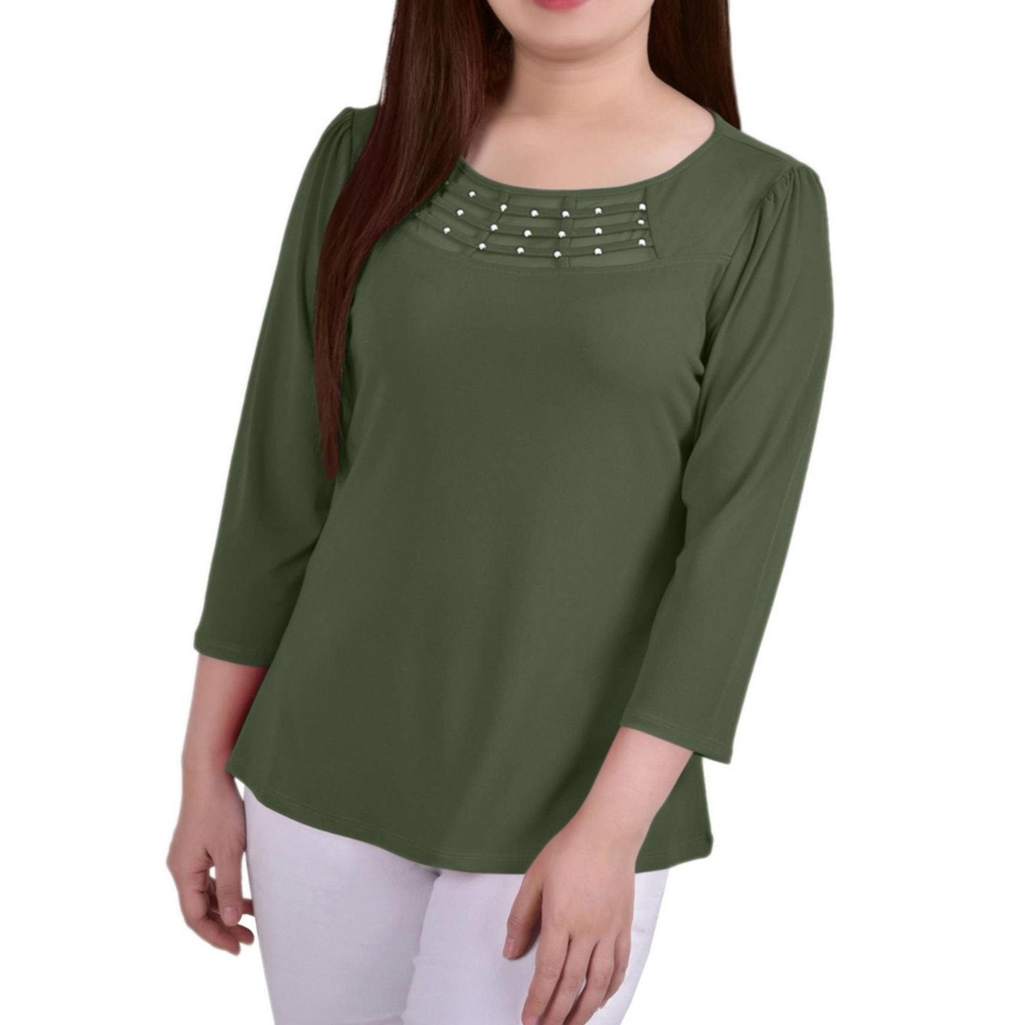 NY Collection Womens Studded Strips Pullover Blouse, Green, Petite, PM ...