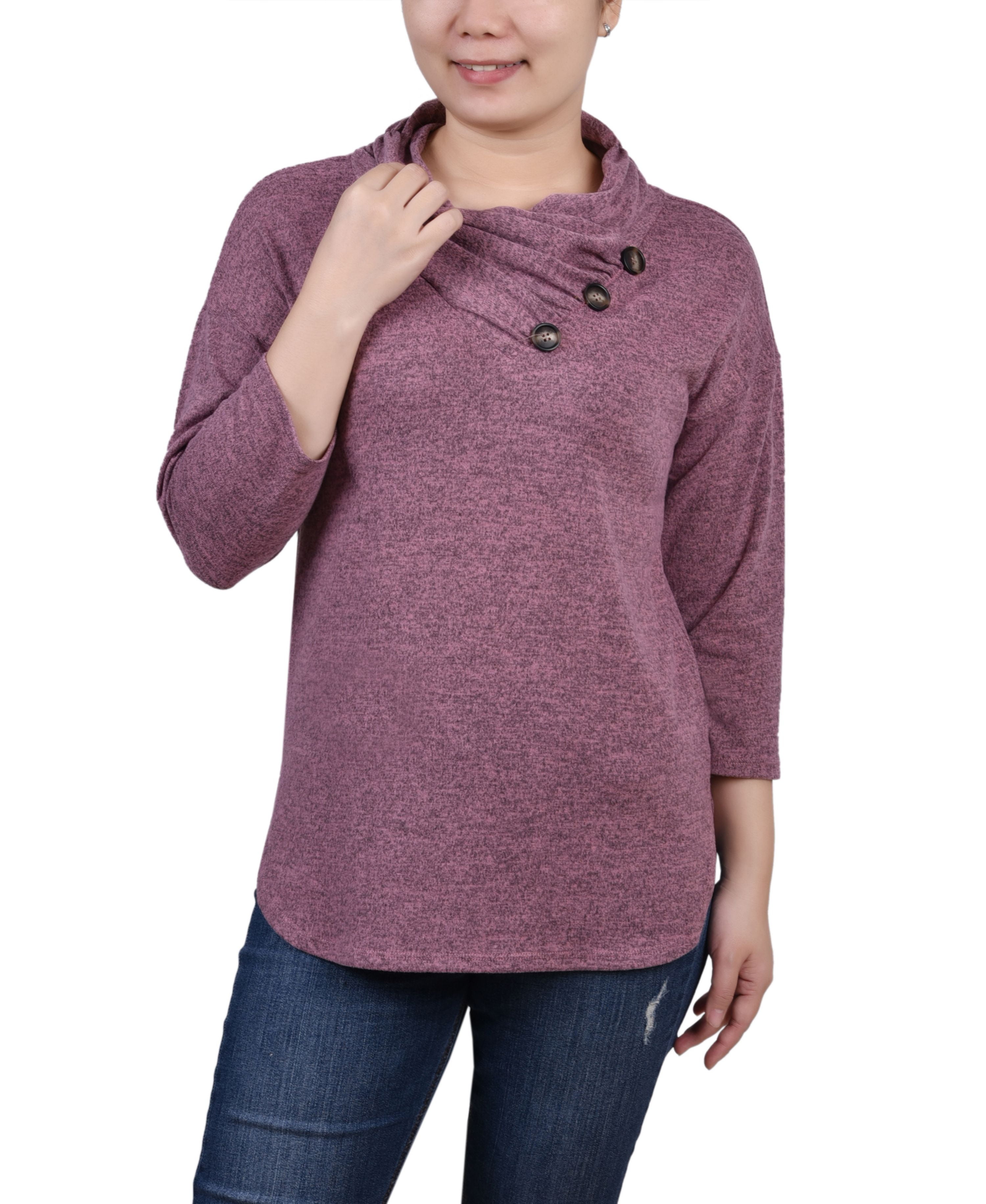 Petite 3/4 Sleeve Crossover Cowl Neck Top Mauve PS - Walmart.com