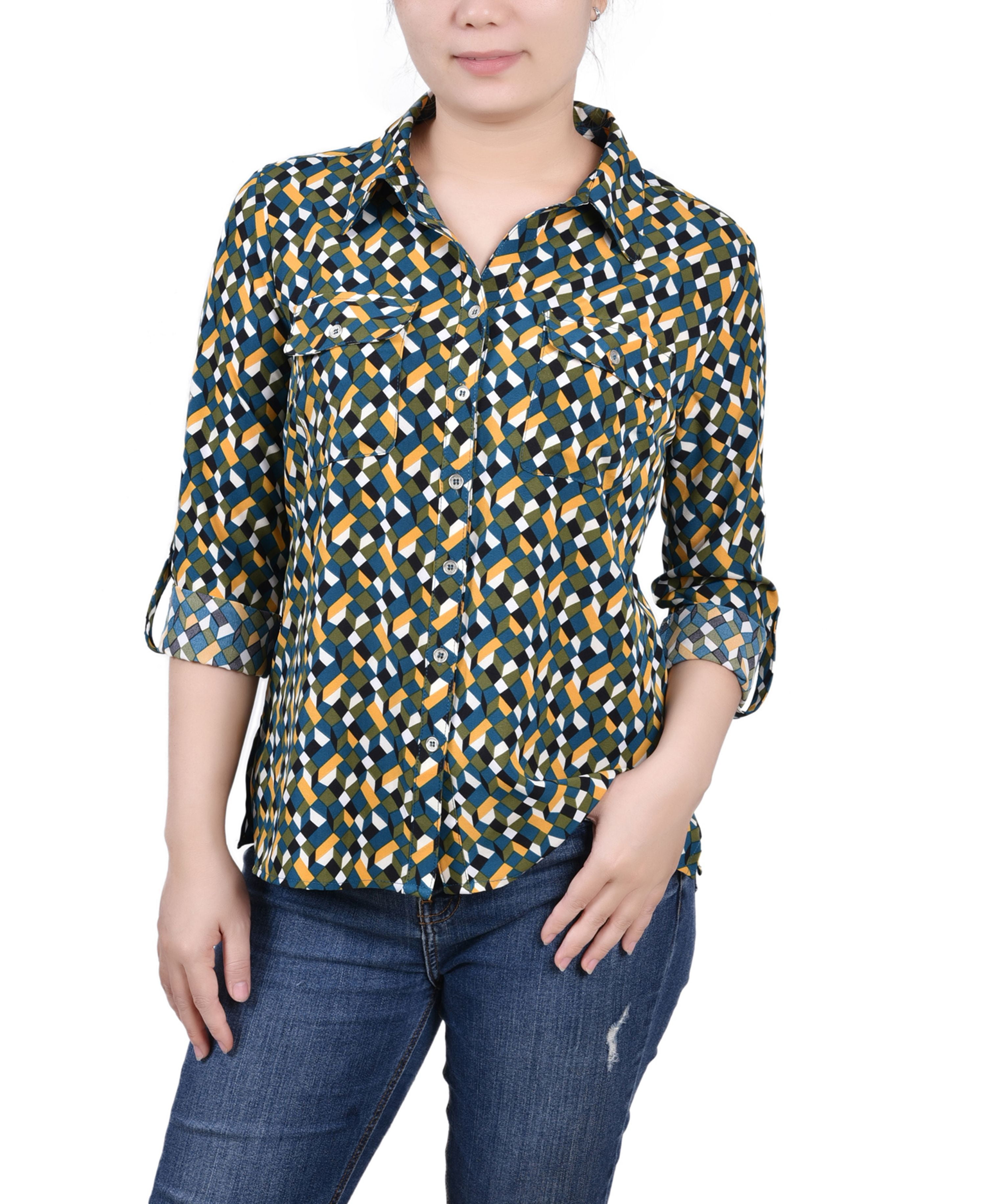 Petite 3/4 Sleeve Roll Tab Notch Collar Blouse Deep Teal Banana Cube ...