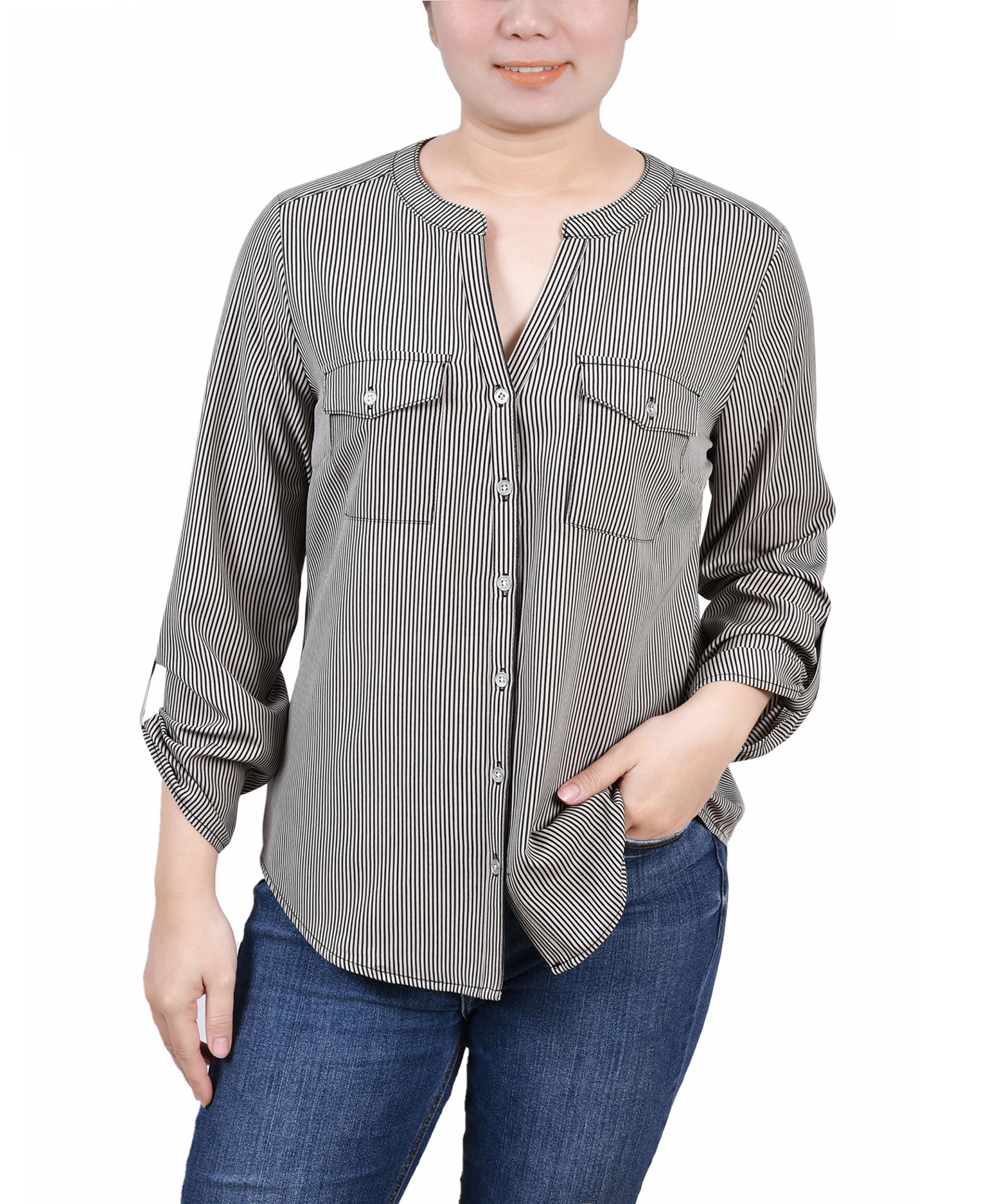 Petite 3/4 Sleeve Roll Tab Y Neck Blouse Dynamic Torterella PM ...