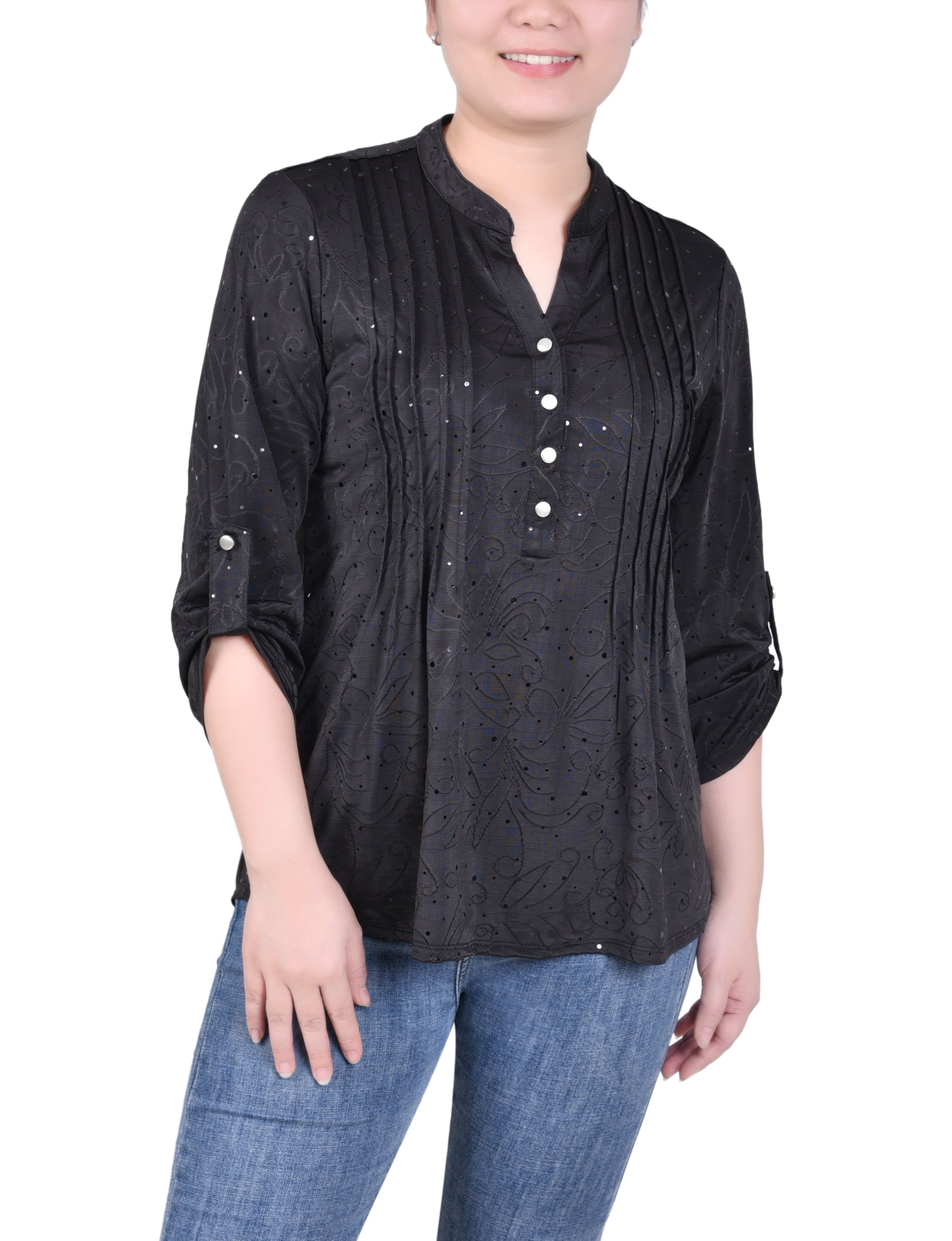 Petite 3/4 Sleeve Roll Tab Y Neck Top - Walmart.com