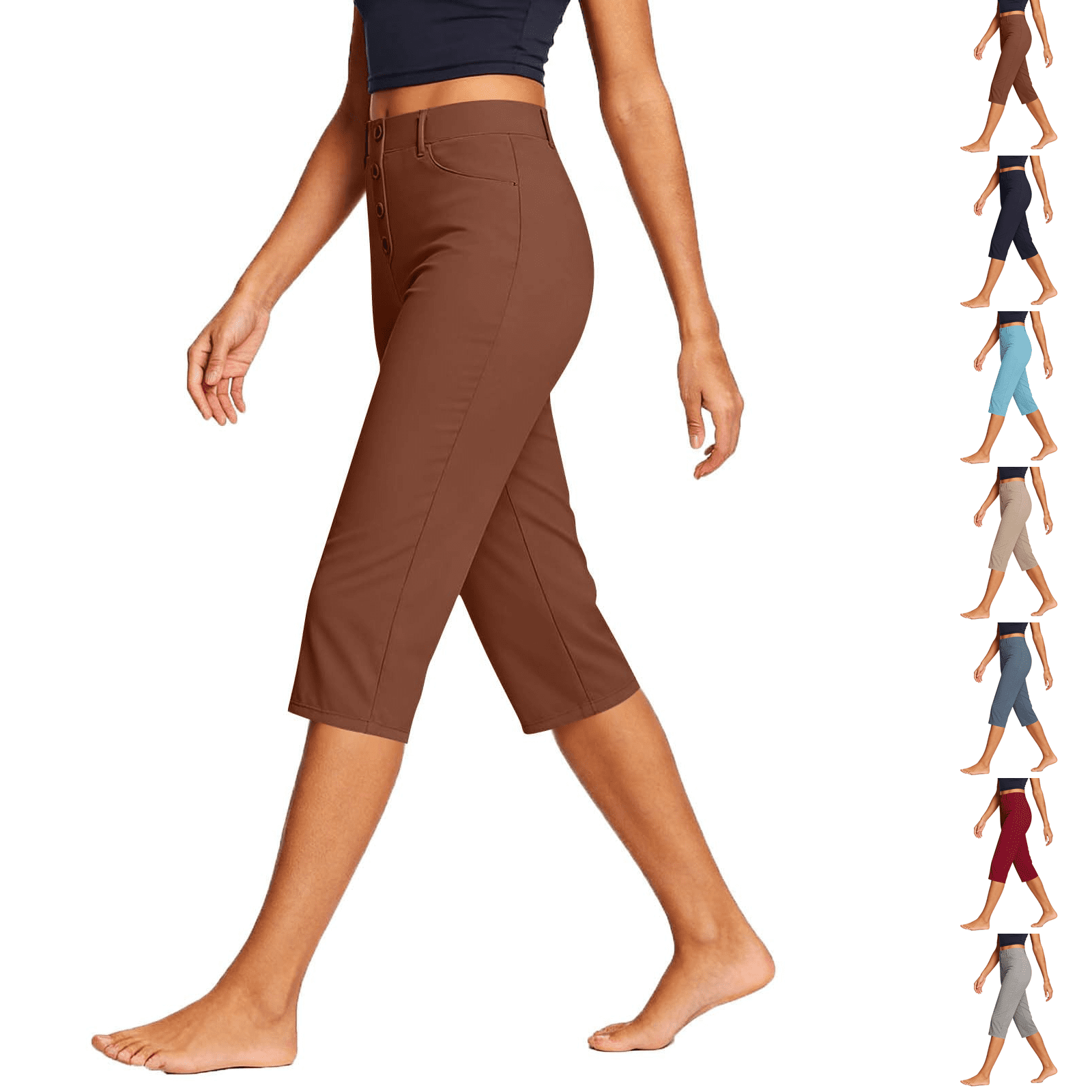 Petite Capri Pants Womens High Waist Slim Fit Side Slit Stretchy Fabric ...