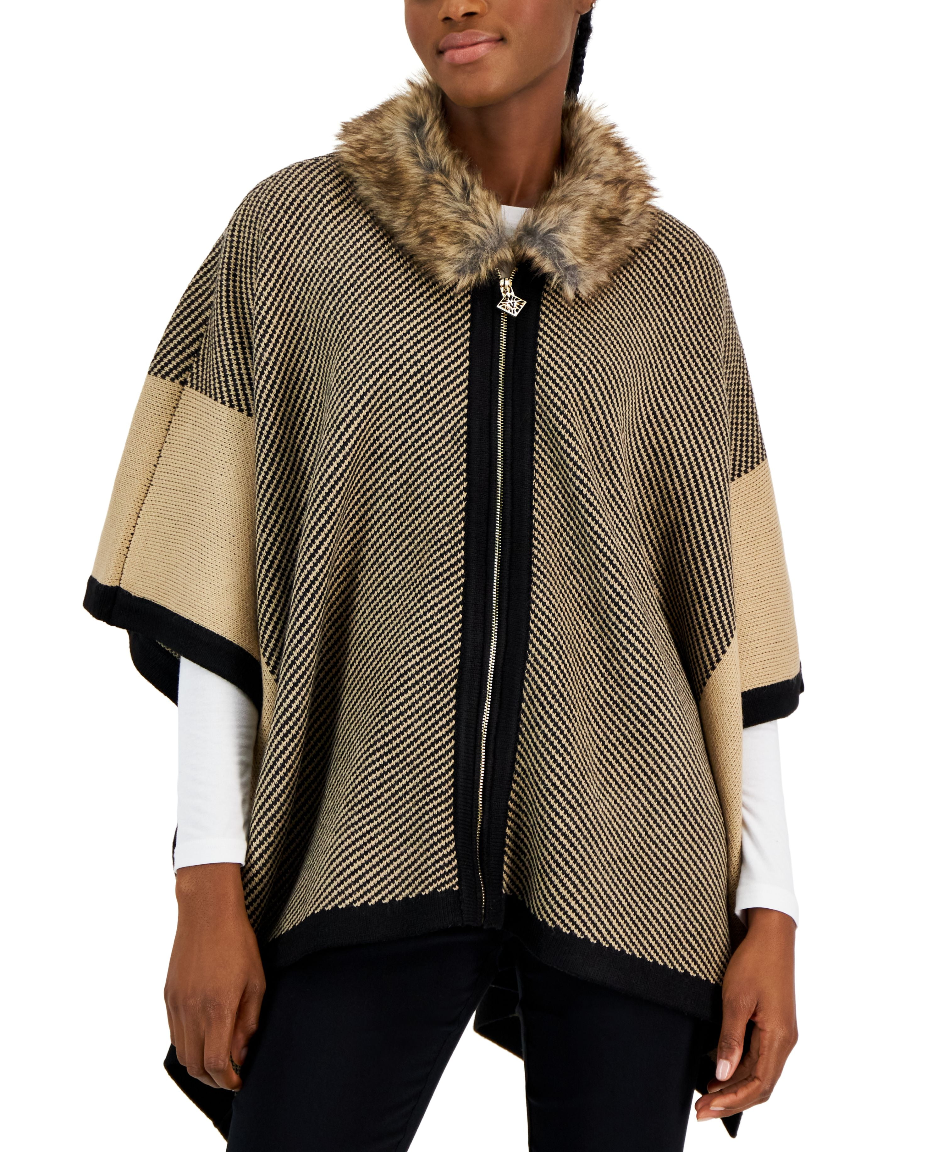 Petite Colorblocked Zip-Front Poncho With Faux-Fur Trim Light Coffee ...