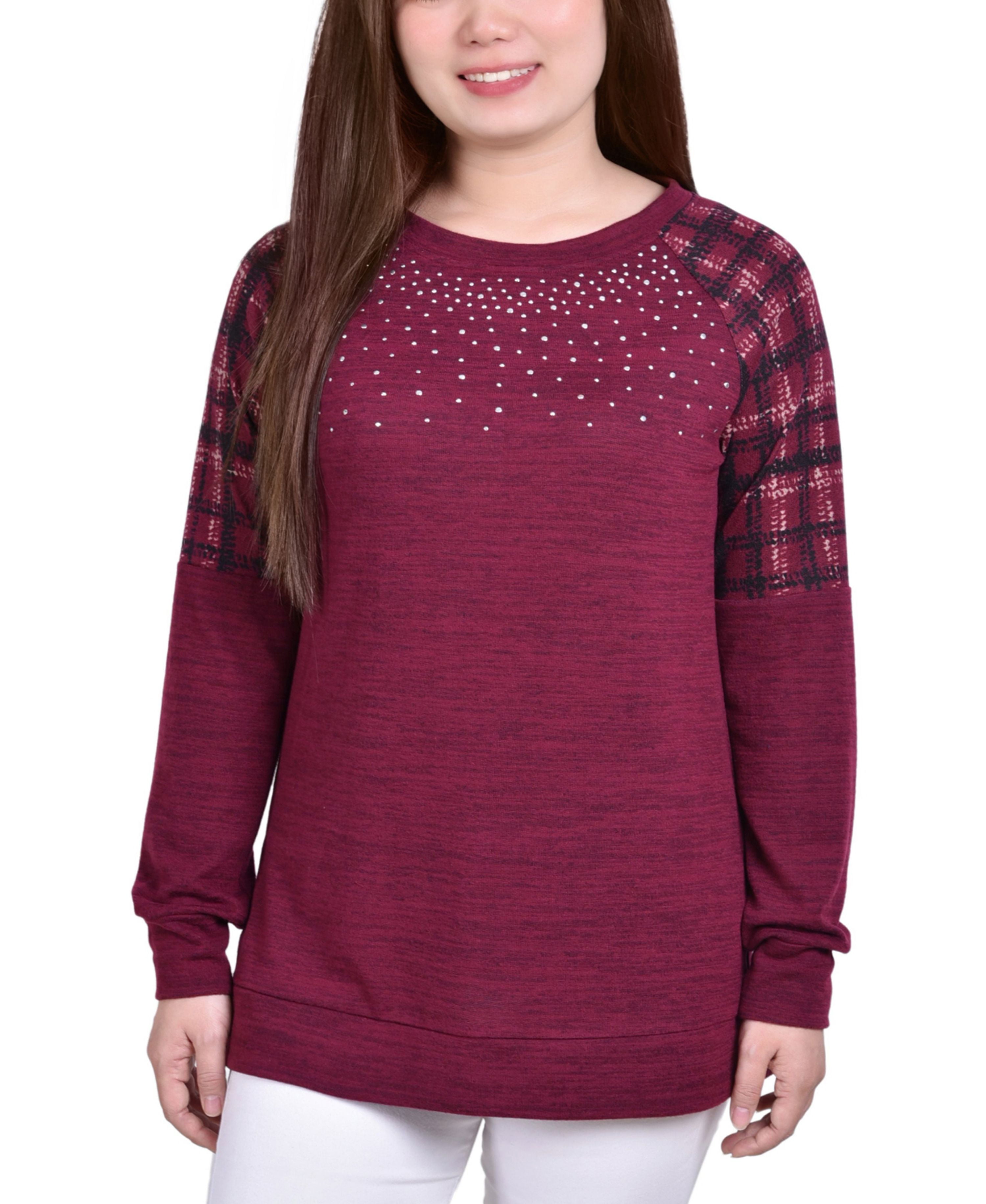 Petite Knit Top with Print Shoulder Insets Burgundy Plaid PL - Walmart.com