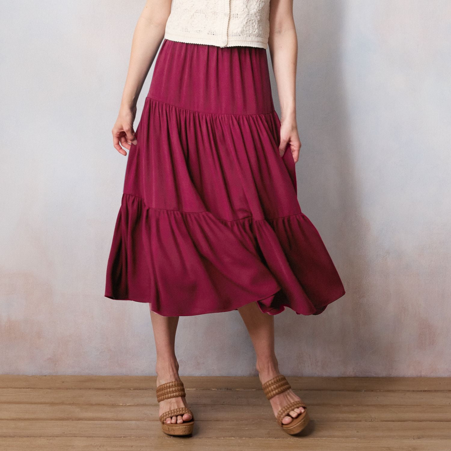 Petite LC Lauren Conrad Three Tier Midi Skirt Color: Red Silk Size: M ...