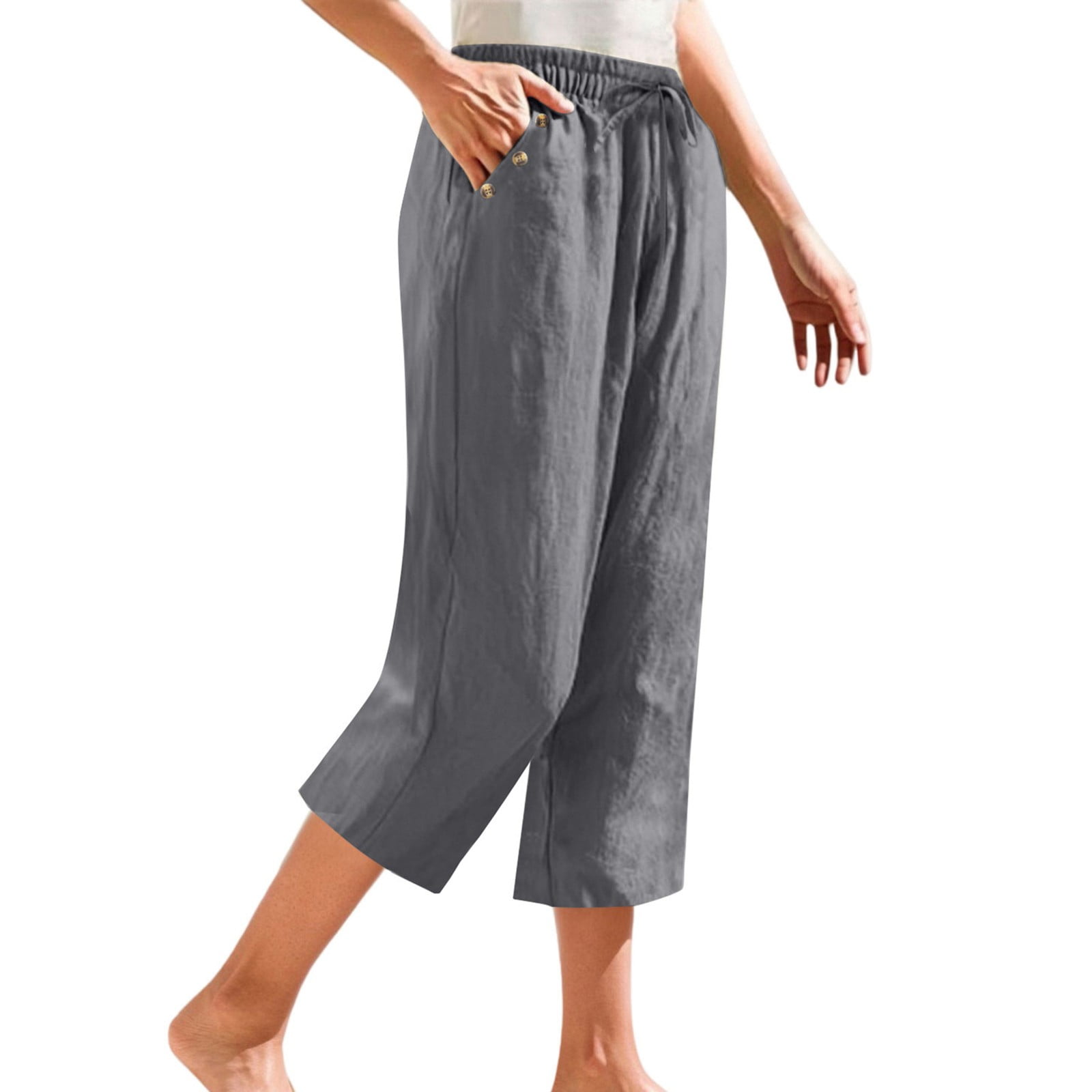 Petite Linen Pants for Women - Summer Straight Leg Cropped Capris, Dark ...