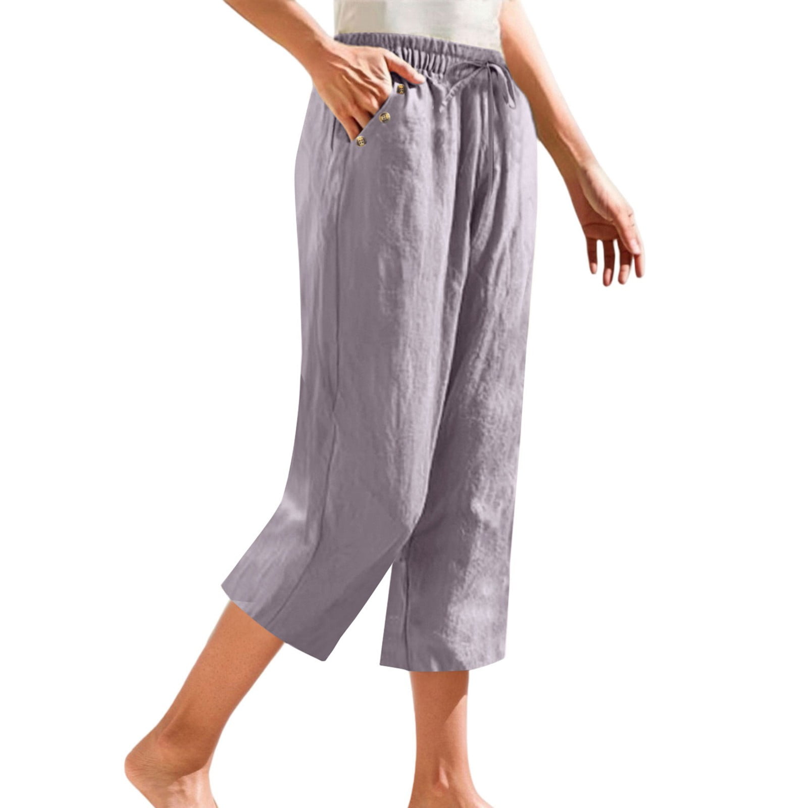 Petite Linen Pants for Women - Summer Straight Leg Cropped Capris, Grey ...
