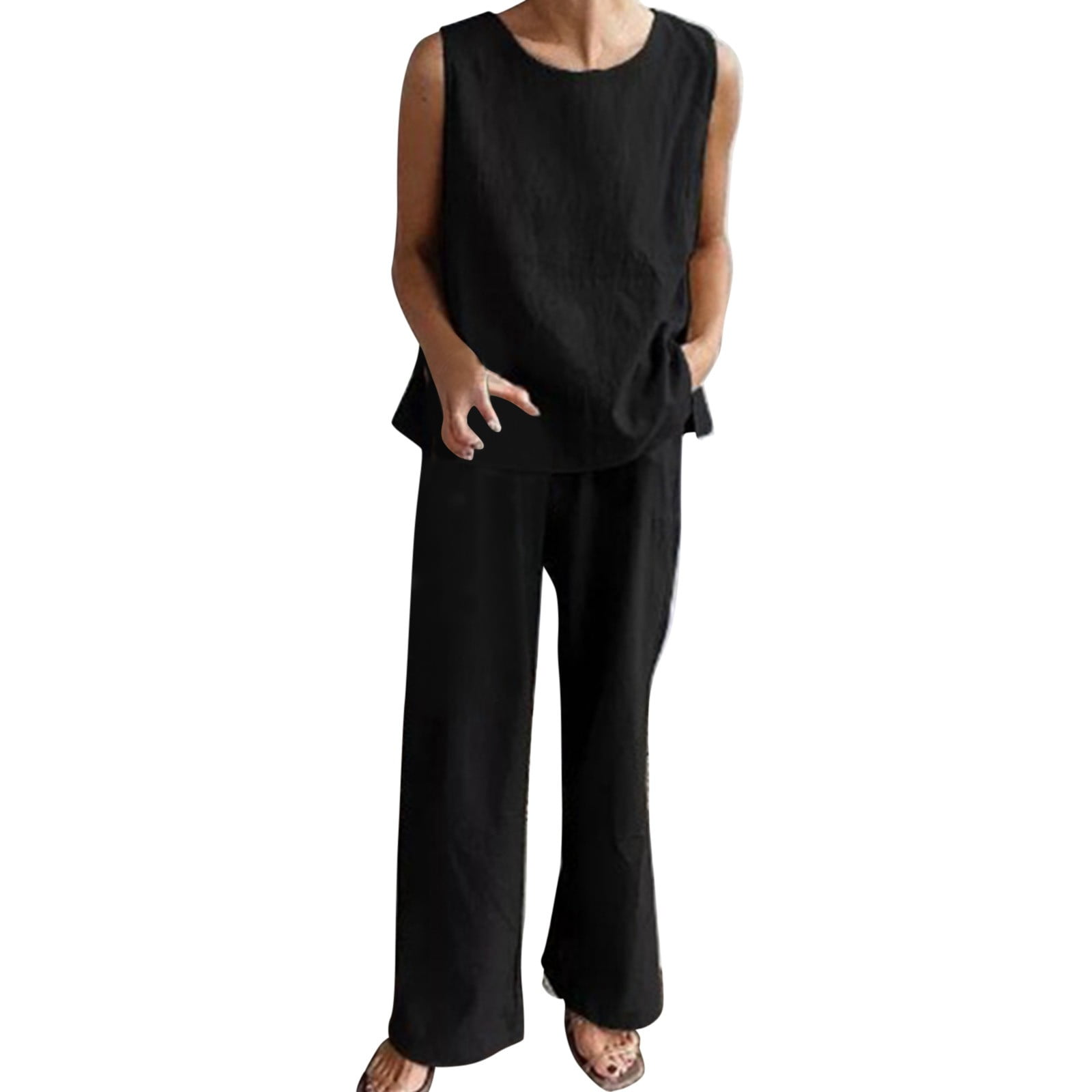 Petite Pant Set Linen Sets For Women Summer 2 Piece Outfits Sleeveless ...