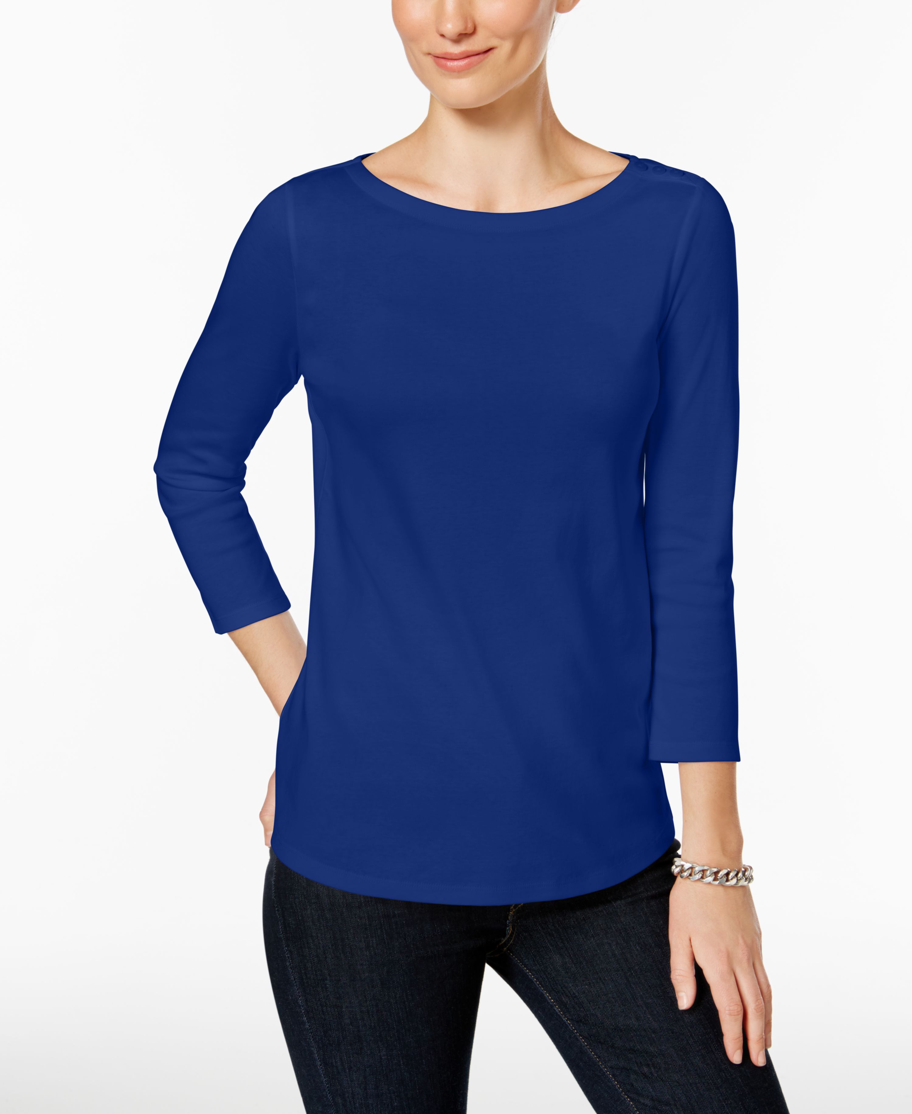 Petite Pima Cotton Button-Shoulder Top Modern Blue PP - Walmart.com