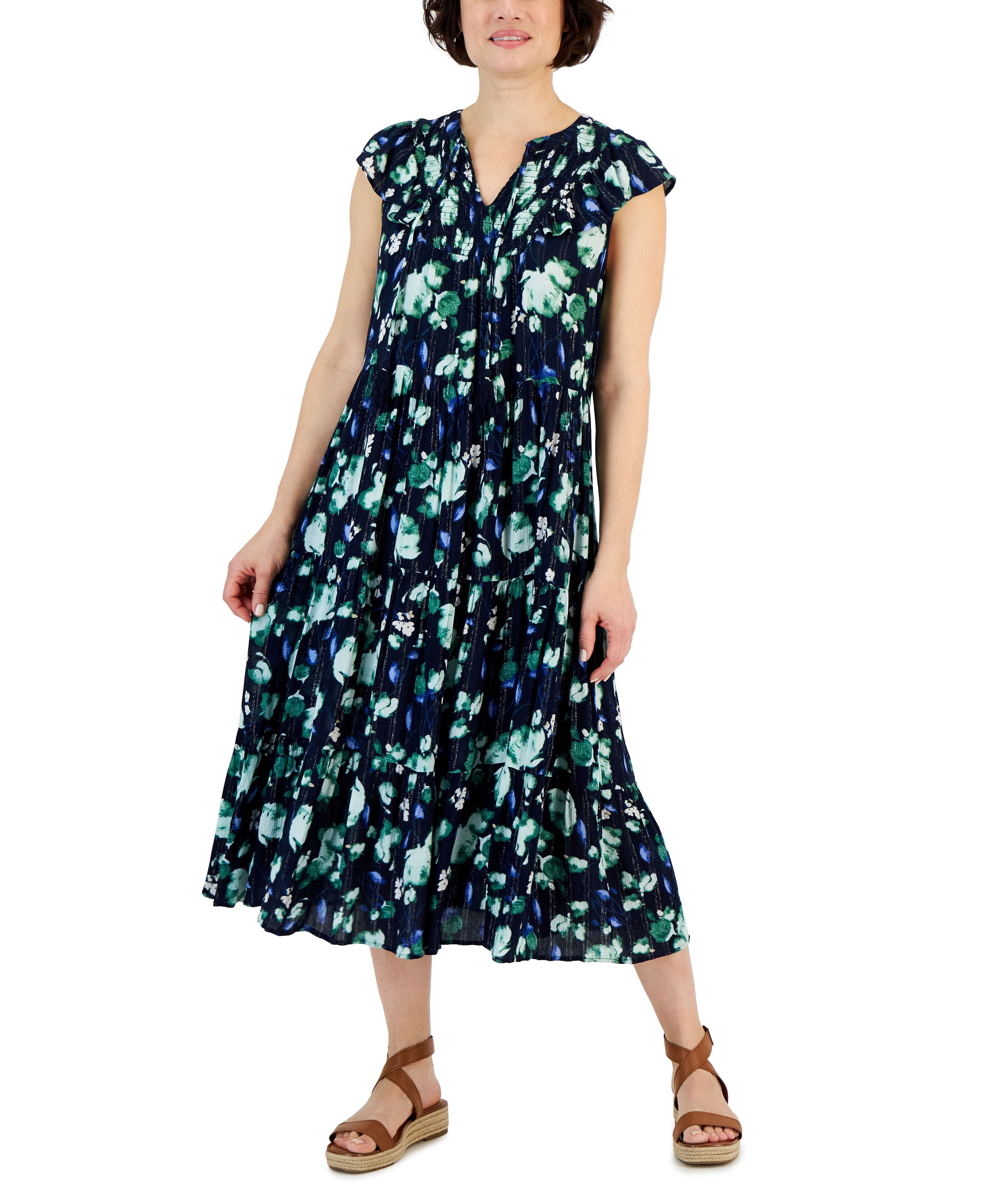 Petite Ruffled Shine Midi Dress J Floral Blue PM - Walmart Business ...