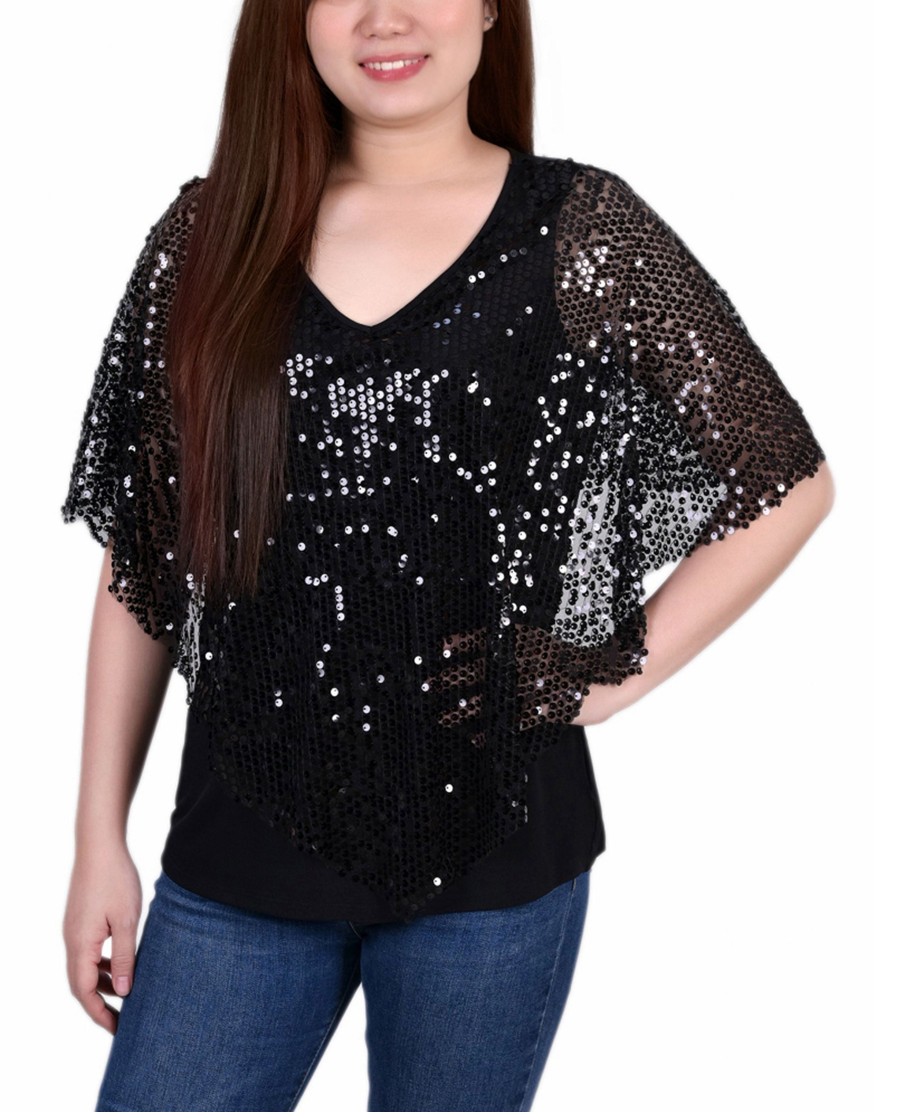 Petite Sequin Front Poncho Top Black Discoball PM - Walmart.com