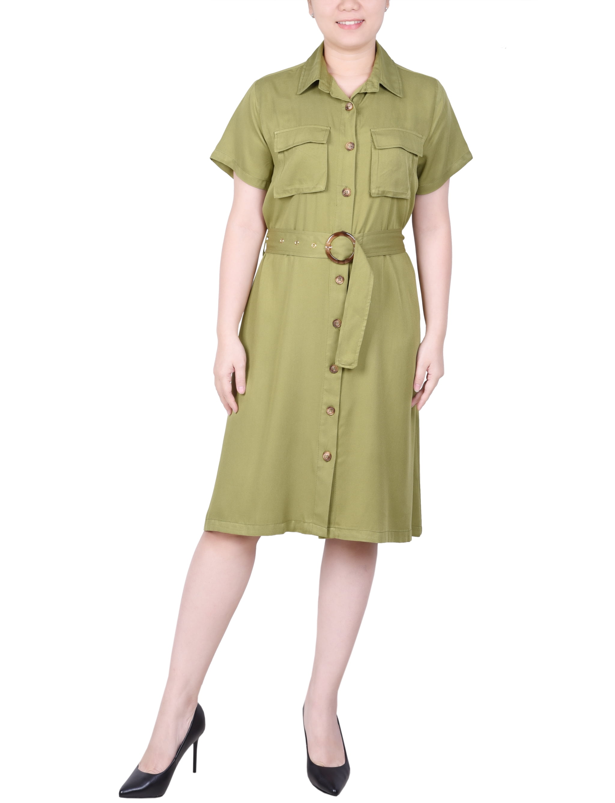 Petite Short Sleeve Safari Style Dress - Walmart.com
