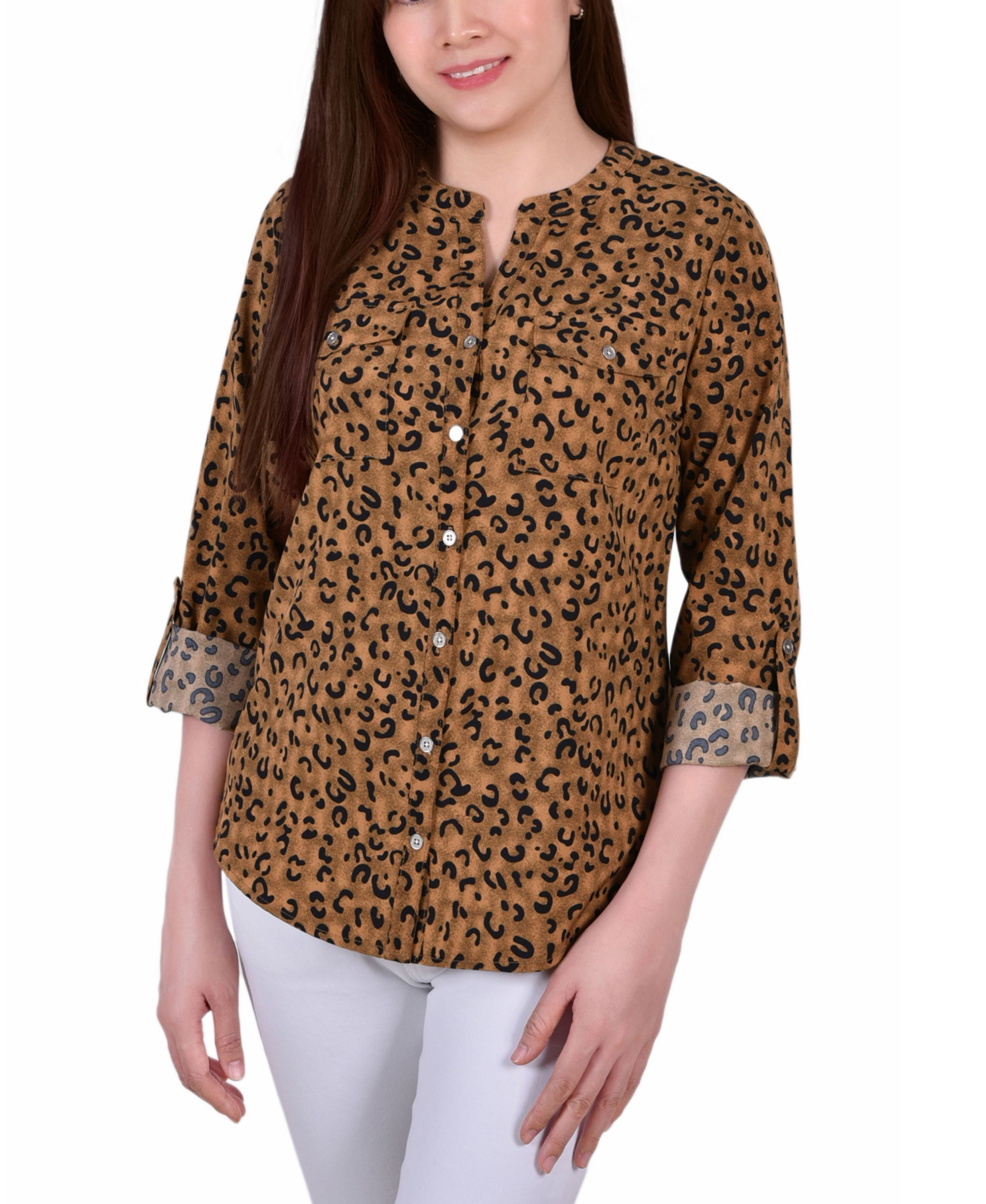 Petite Tab Y Neck Blouse Taupe Animal PM - Walmart.com