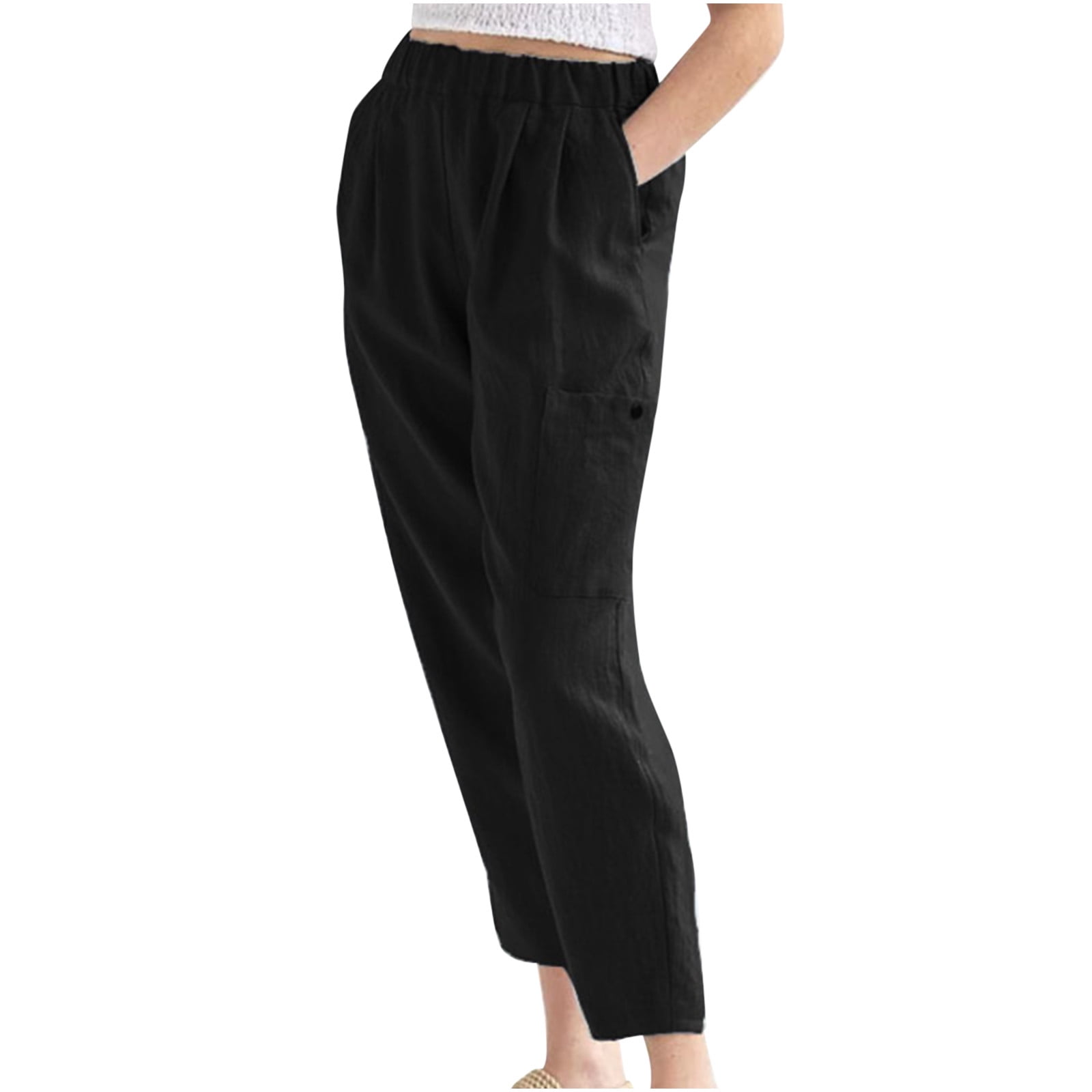 Women's Petite Elastic Waist Pants with Pockets Casual Wide Leg Loose ...