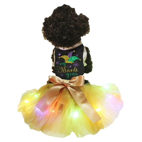 Petitebelle Clown My Mardi Gras Puppy Dog Dress (Black/Gold LED, XX ...