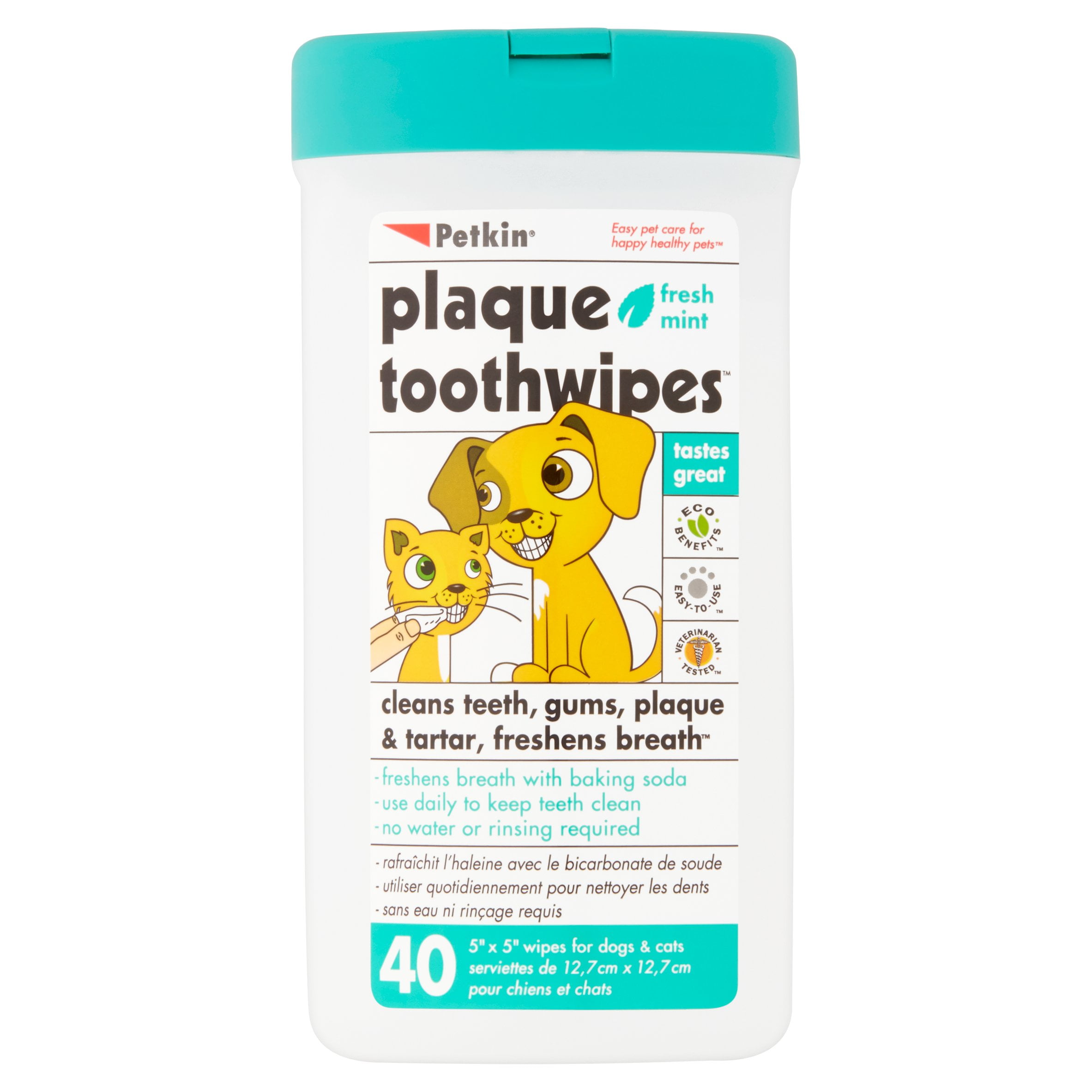 Petkin Fresh Mint Plaque Tooth Wipes for Cats and Dogs - Tartar Control ...