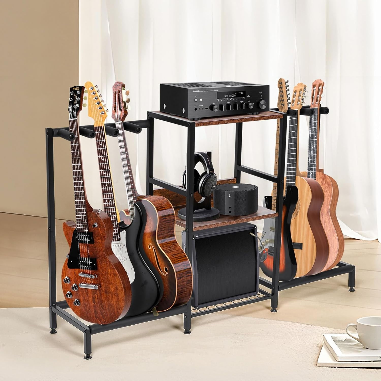Petoto Guitars Holder with 3-tier Storage Shelf, Guitar Stand Guitars ...