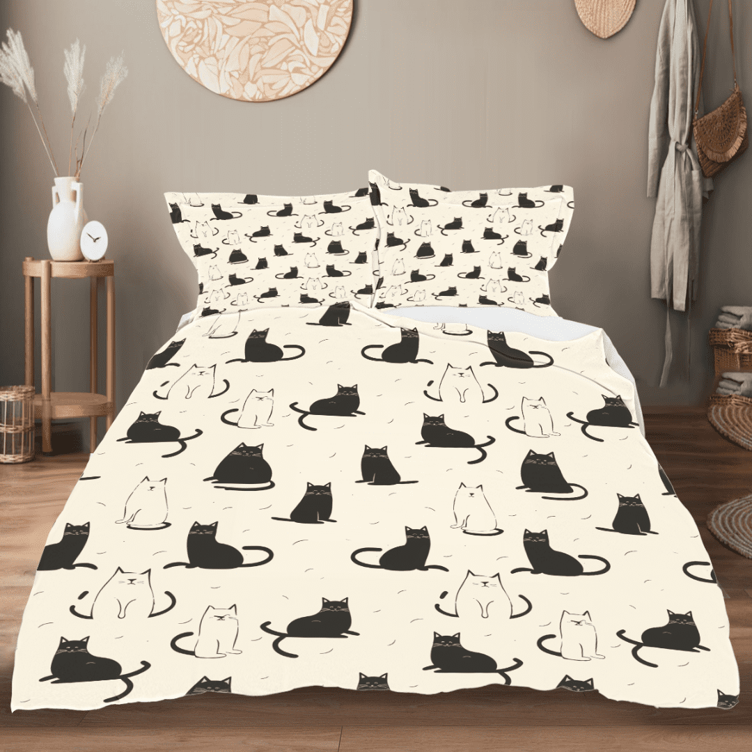 Petrella Cartoon Cat Duvet Cover Full Size 3D Printed Beige Background ...