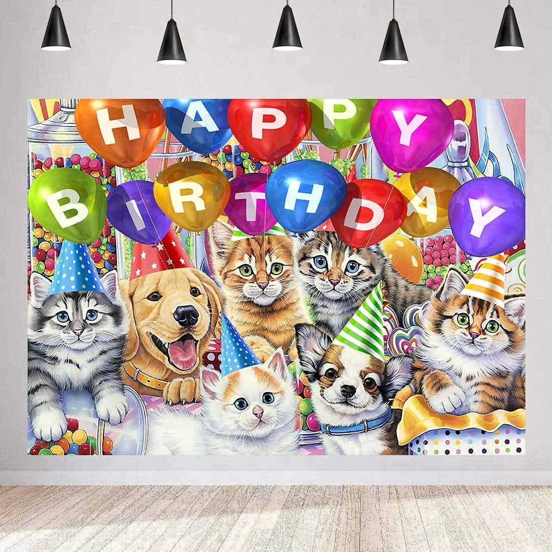 Pets Birthday Backdrop, 7x5ft Kitten Cats Puppy Dogs Colorful Balloons ...