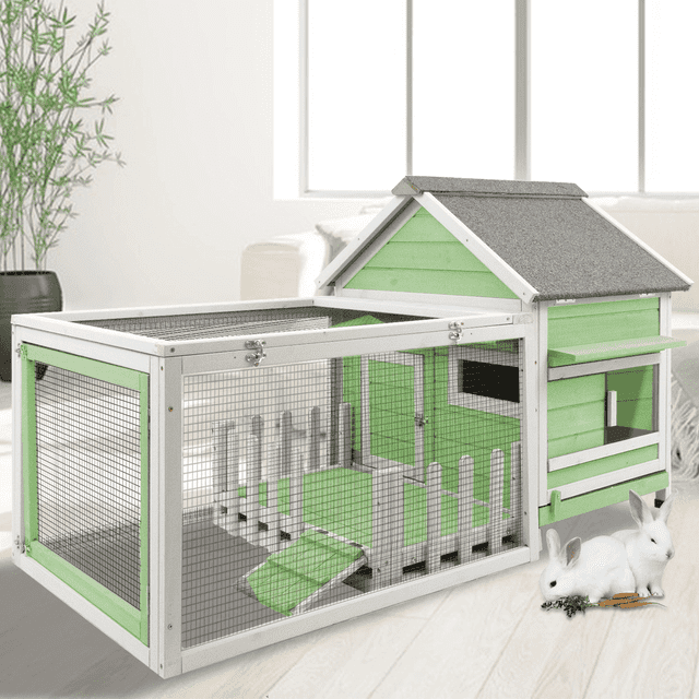 PetsCosset Large Rabbit Hutch with White Picket Fence Front Porch ...