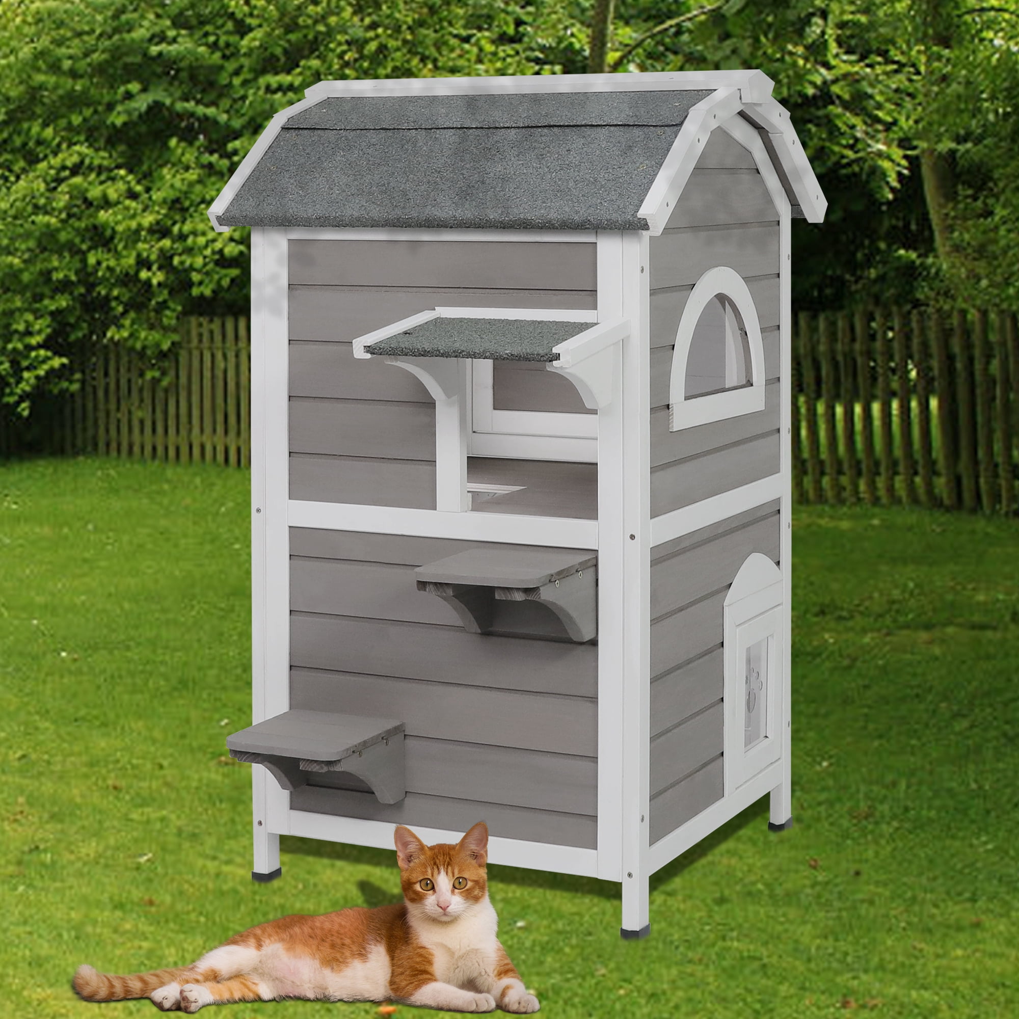 PetsCosset Large Wood Kitty Weatherproof Outdoor House, Two Story ...