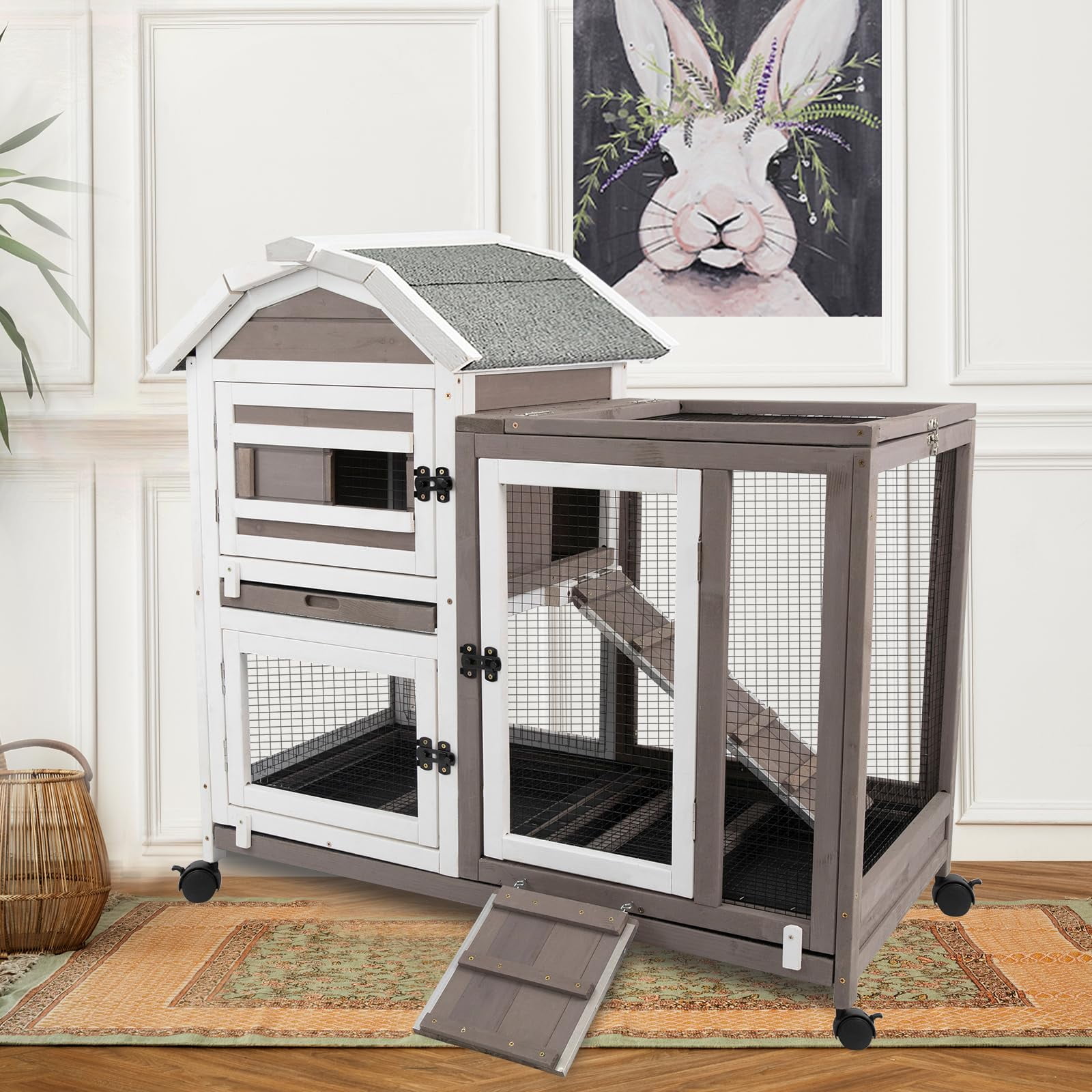 PetsCosset 2-Story Indoor Hutch - Rabbit Cage on Wheels, Outdoor Guinea ...