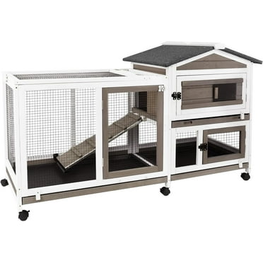 PawHut Rabbit Hutch Outdoor with Wheels Run 3 Removable Trays & Ramp ...