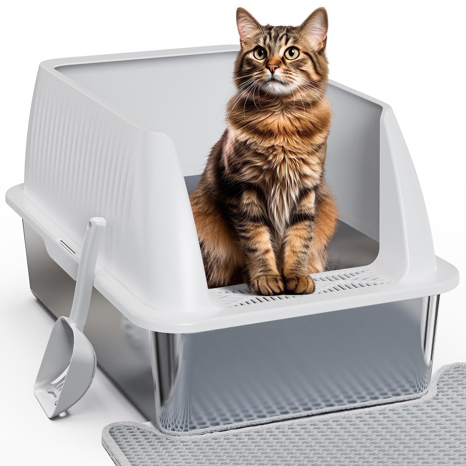Petterm Stainless Steel Cat Litter Box with Scoop & Mat, Large Enclosed ...