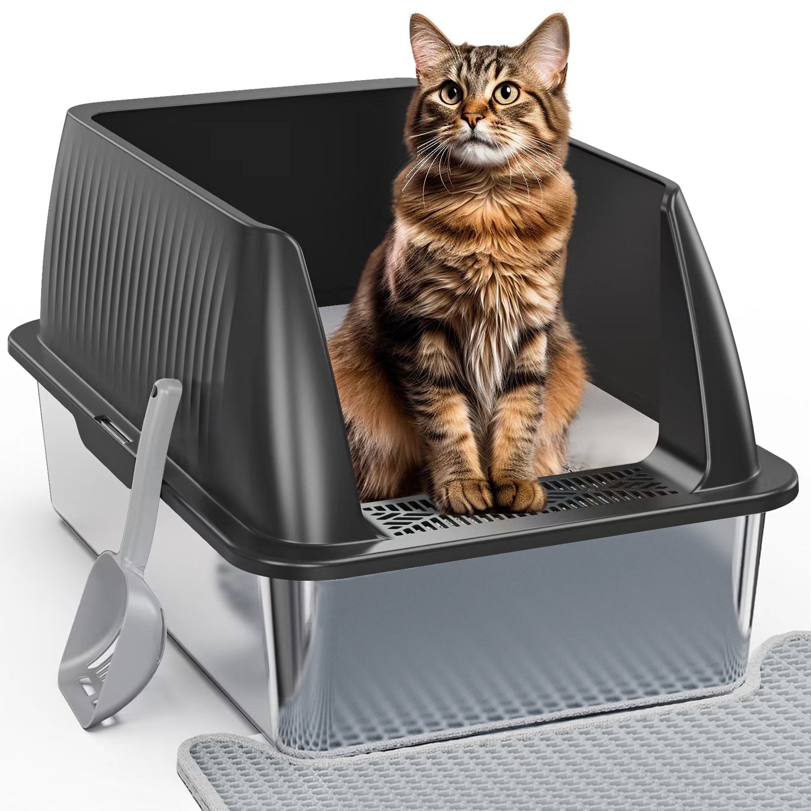 Petterm Stainless Steel Cat Litter Box with Scoop & Mat, Large Enclosed ...
