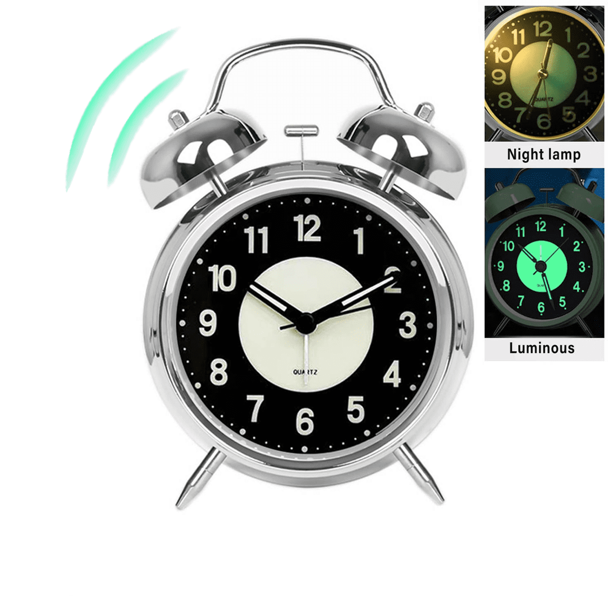 Petyoung Retro Alarm Clock Silver Twin Bell, 4" Ultra Quiet Analog ...