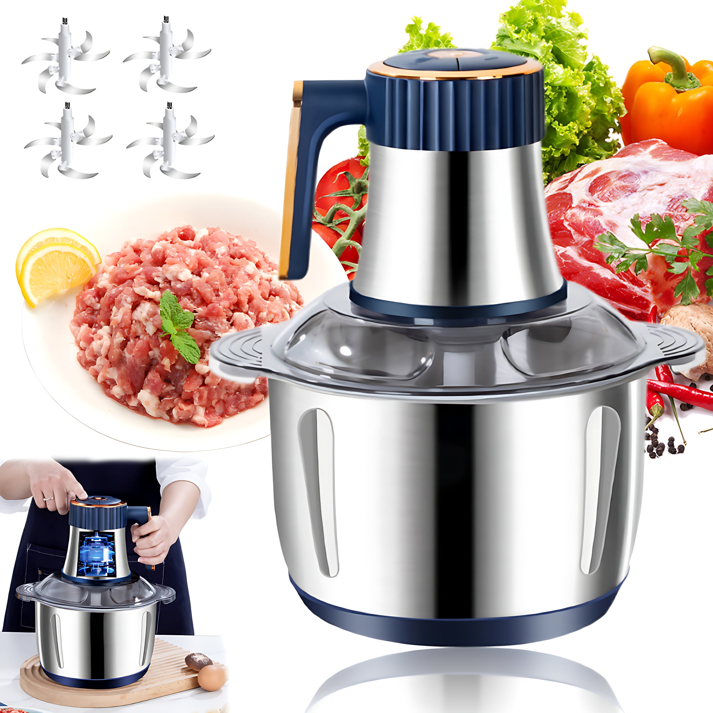 Petyoung Electric Food Chopper,2 Speeds/6-leaf blade/5L Stainless Steel ...