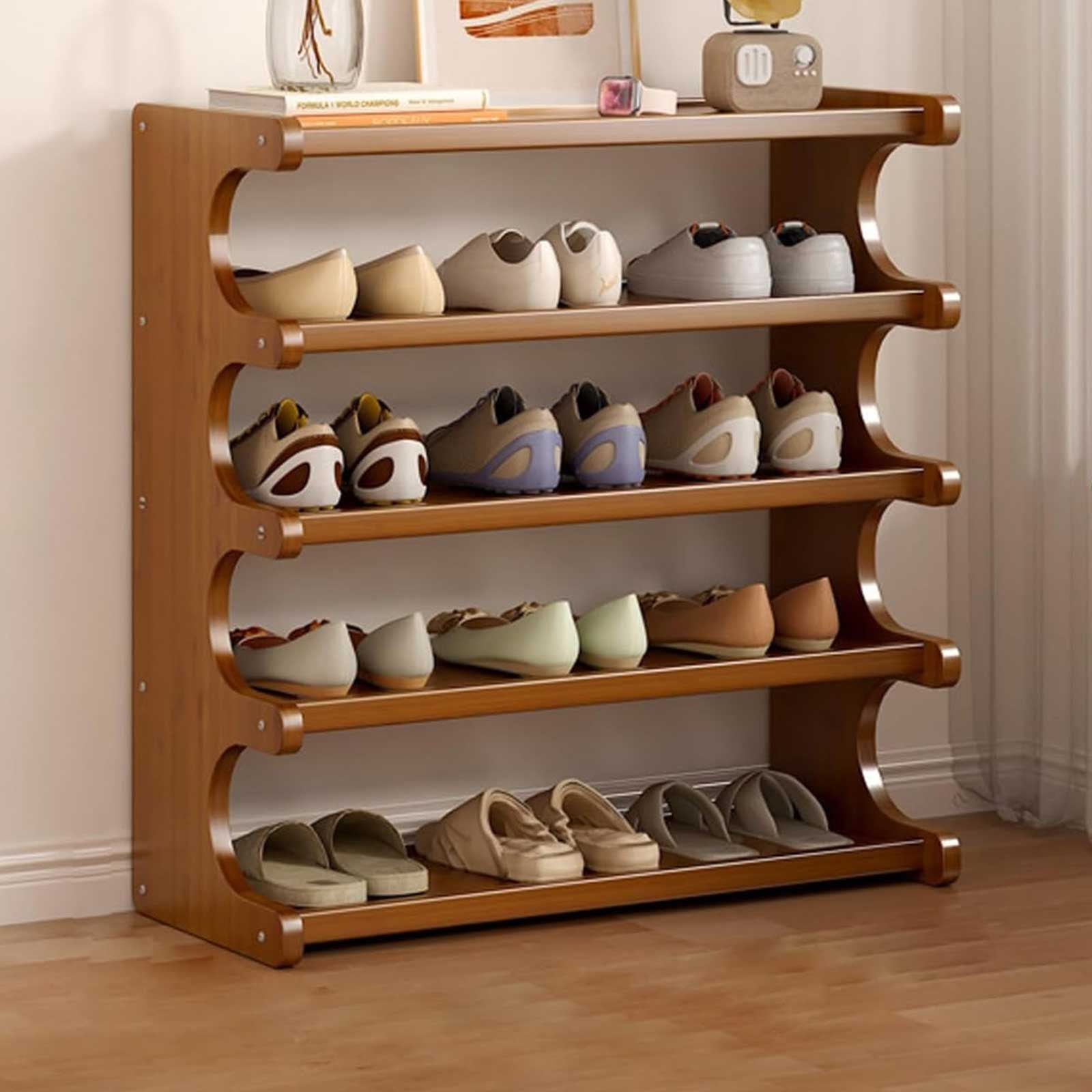 Petyoung Shoe Rack, 5 Tier Natural Wood Bamboo Stackable Storage,15-20 ...