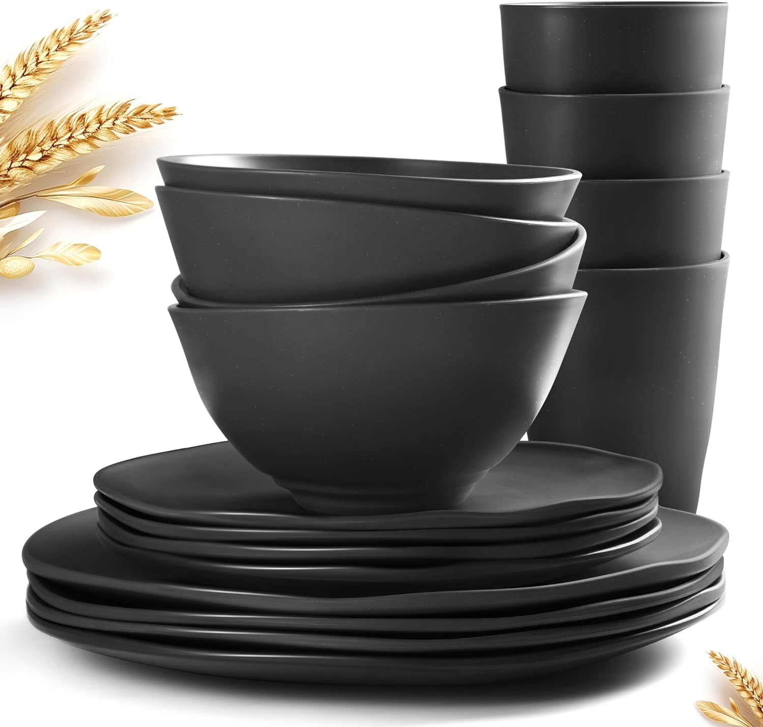 Peurif 16-Piece Thick Irregular Plastic Wheat Straw Dinnerware Set ...