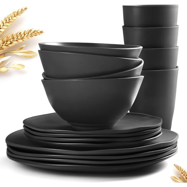 Peurif 16-Piece Thick Irregular Plastic Wheat Straw Dinnerware Set ...
