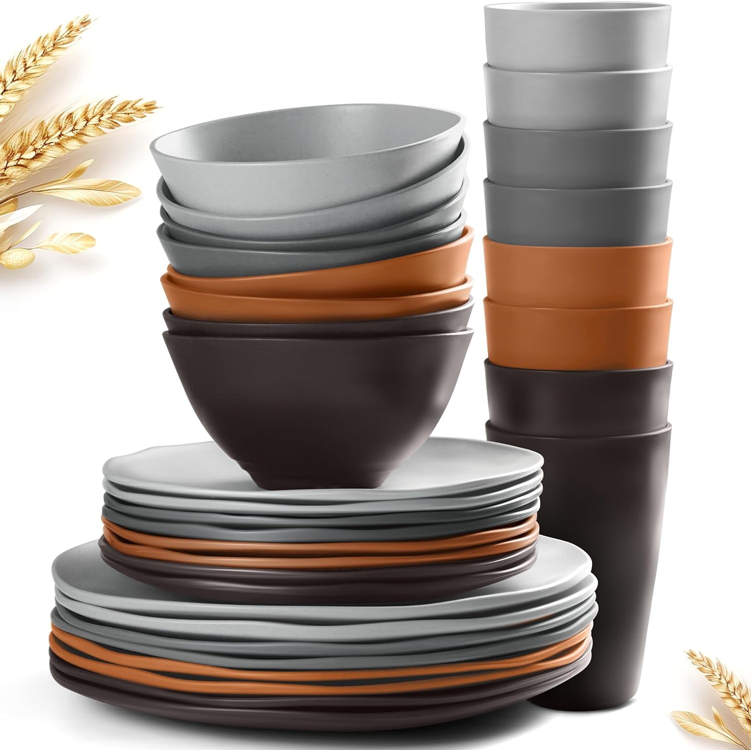 Peurif 32-Piece Thick Irregular Plastic Wheat Straw Dinnerware Set ...