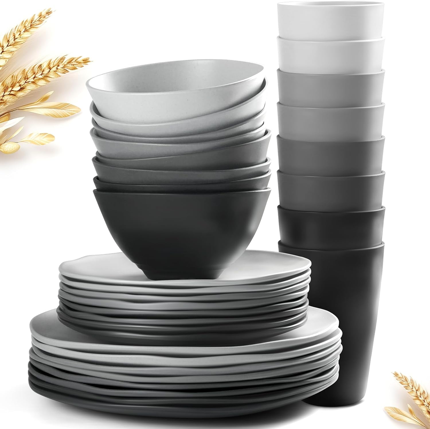 Peurif 32-Piece Thick Irregular Plastic Wheat Straw Dinnerware Set ...