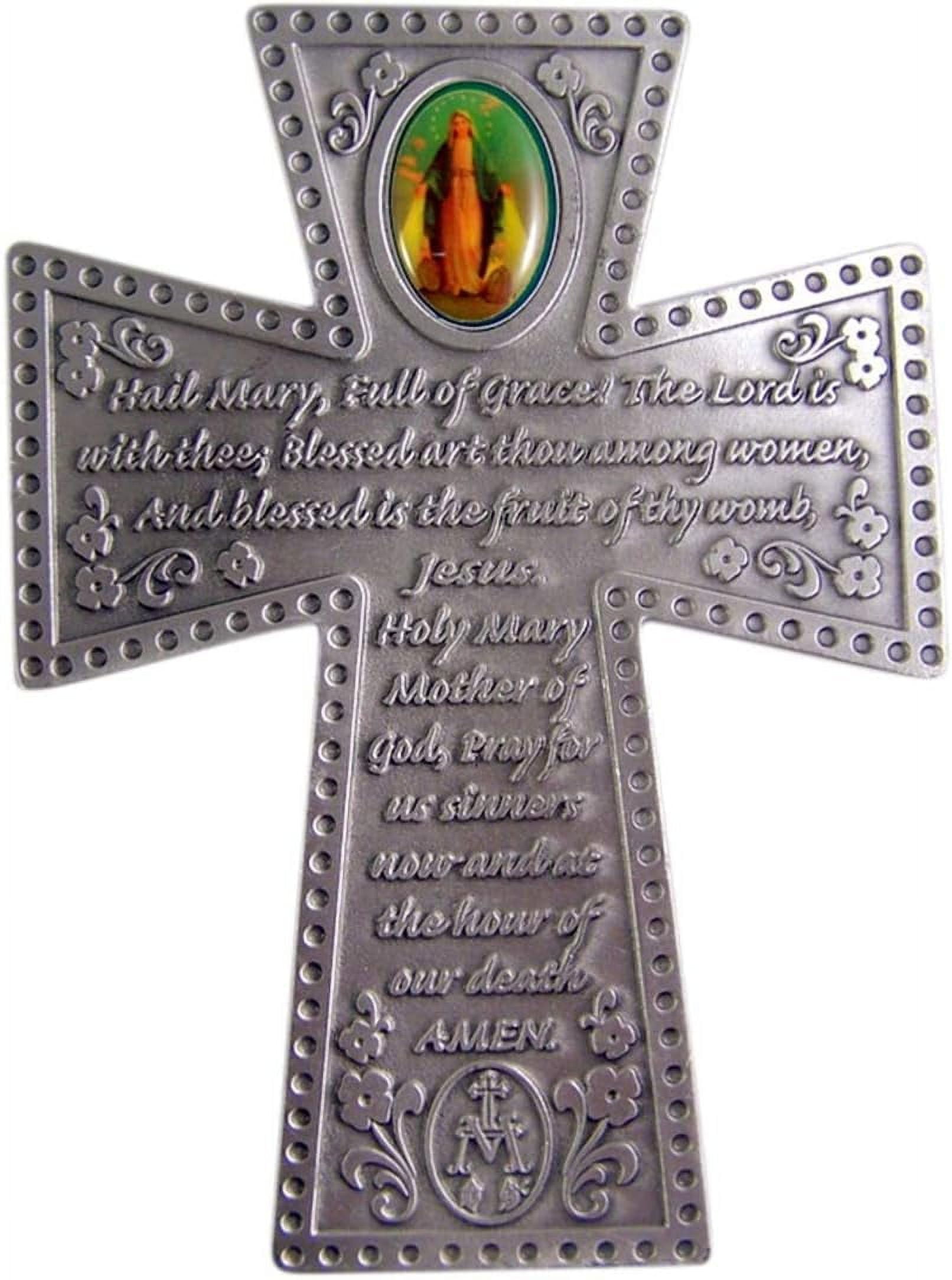 Pewter Blessed Mary with Painted Medal Hanging Wall Cross, 4 7/8 inches ...