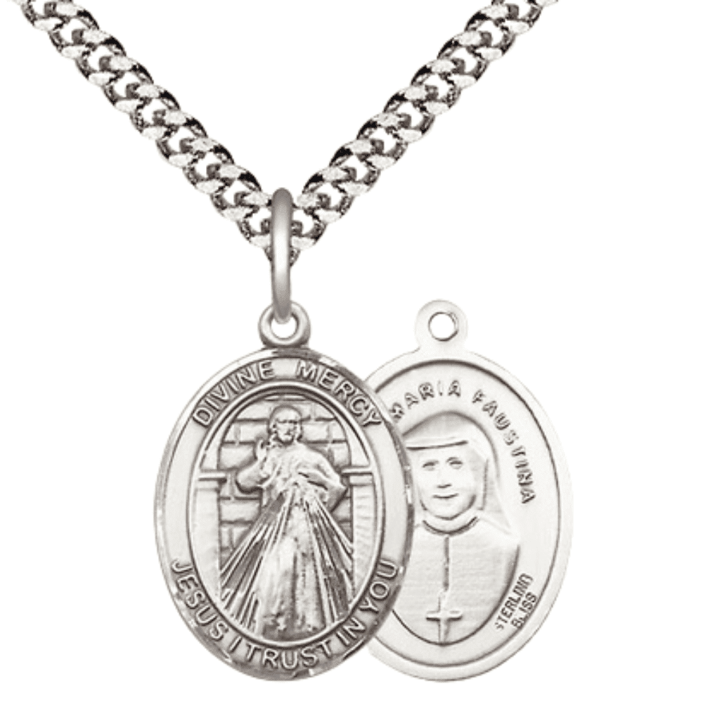 Pewter Divine Mercy Medal Pendant on 24 Inch Endless Rhodium Plated ...