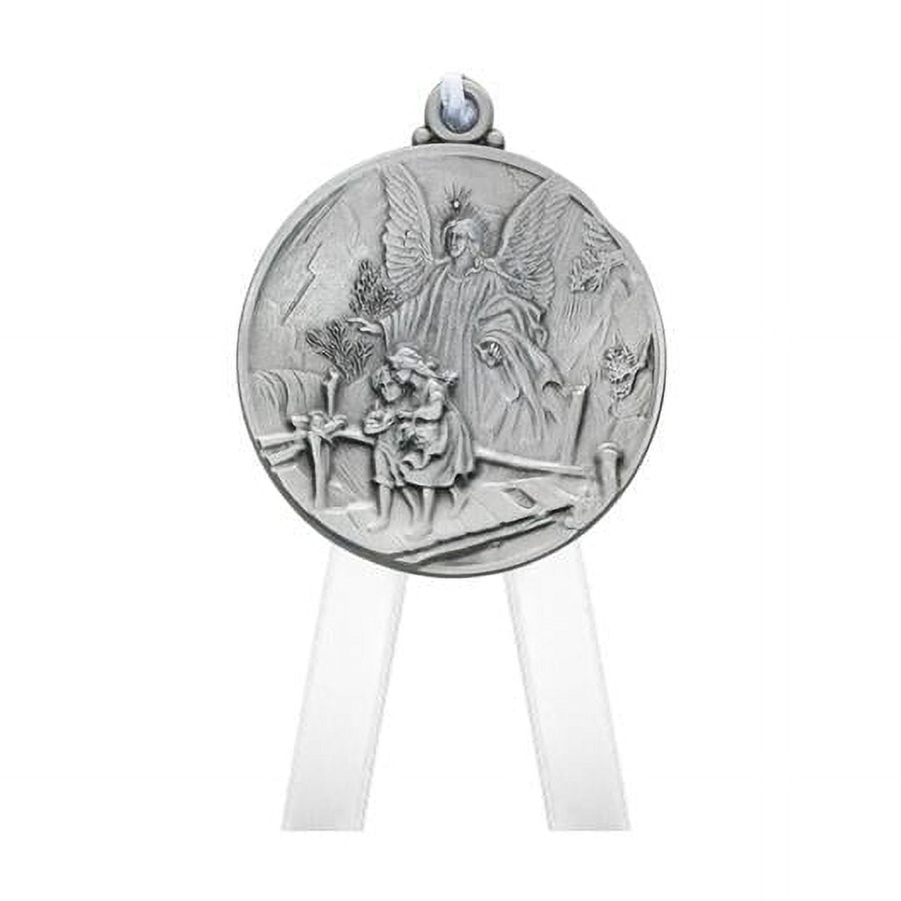 Pewter Guardian Angel Crib Medal with White Ribbon Engravable Back ...