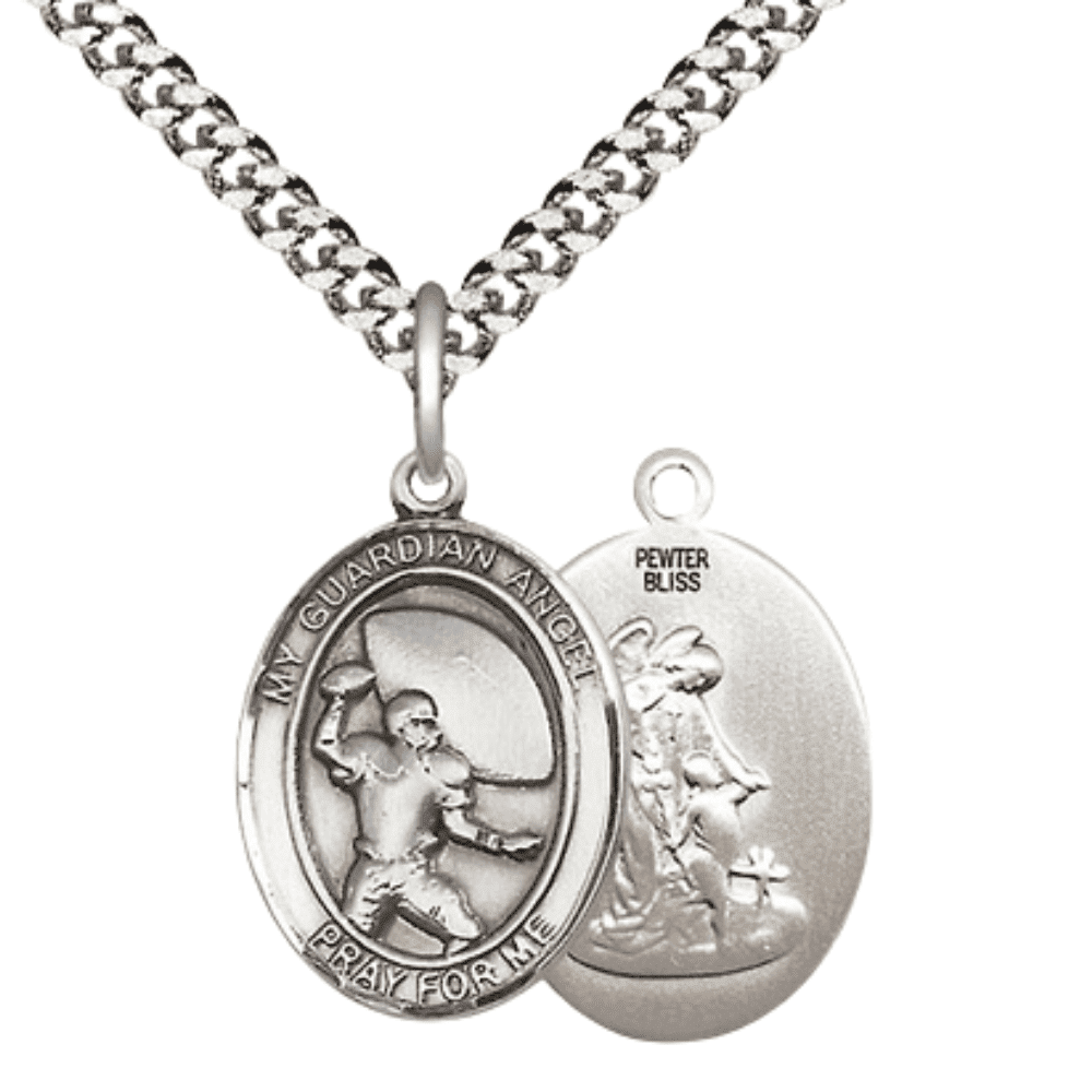 Pewter Guardian Angel Football Medal Pendant on 24 Inch Endless Rhodium ...