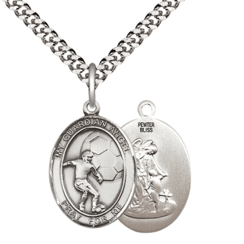 Pewter Guardian Angel Soccer Medal Pendant on 24 Inch Endless Rhodium ...
