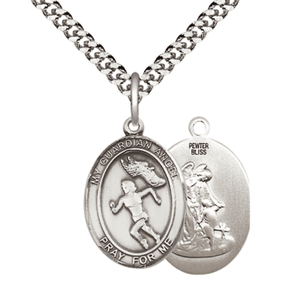 Pewter Guardian Angel Track&Field Medal Pendant on 24 Inch Endless ...